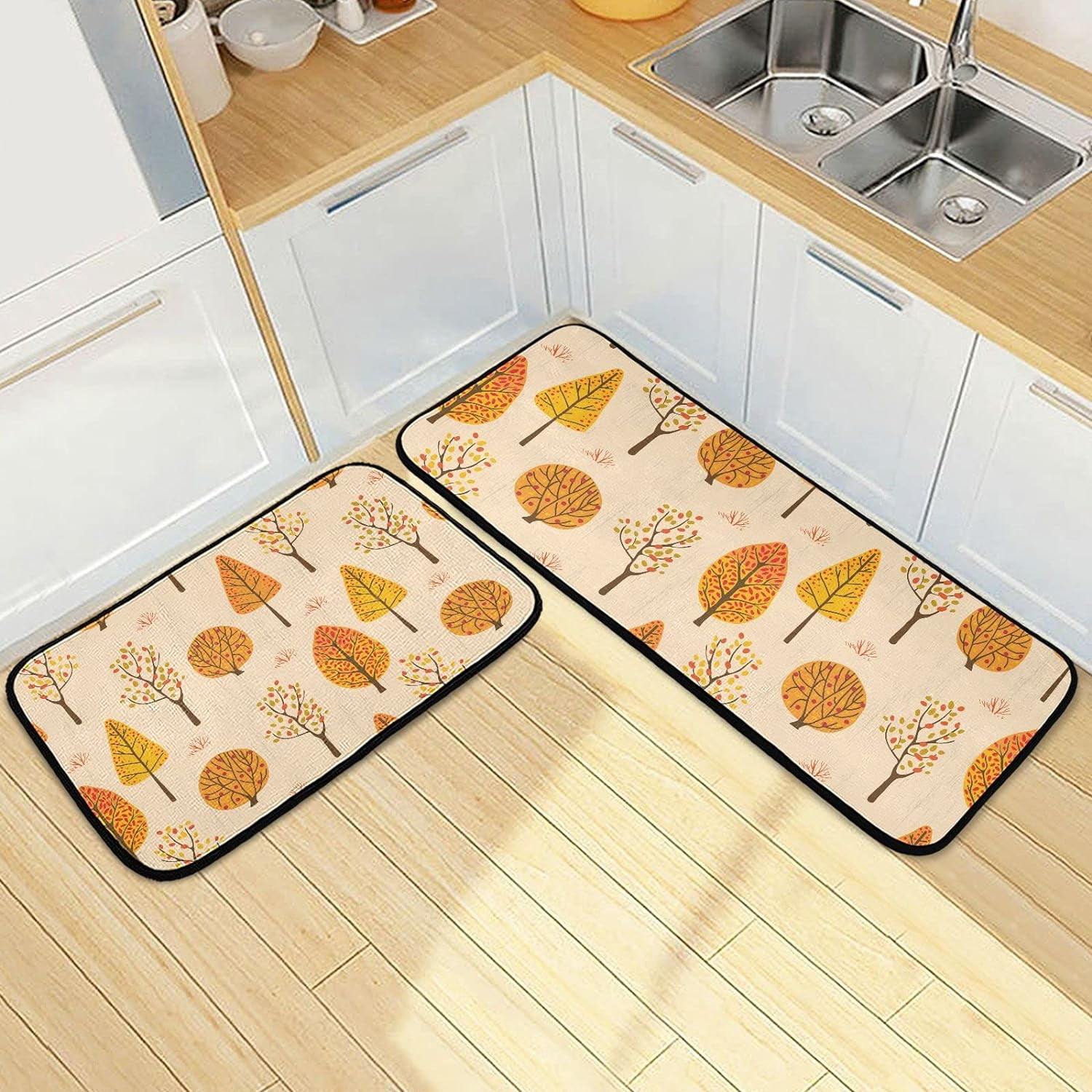 SKYSONIC Autumn Forest Trees Kitchen Rugs Set of 2, Maple Leaves Floor ...