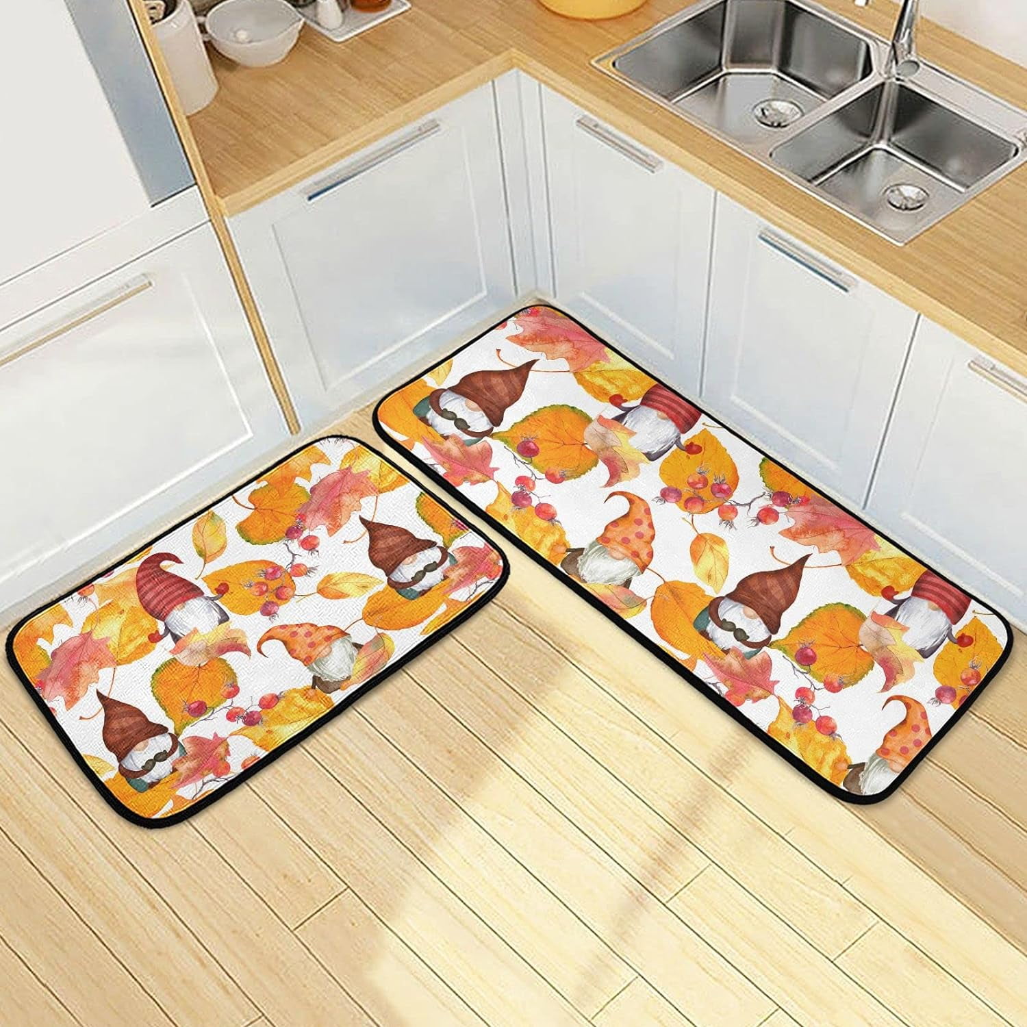 SKYSONIC Autumn Gnomes Leaves Kitchen Rugs Set of 2, Fall Thanksgiving ...