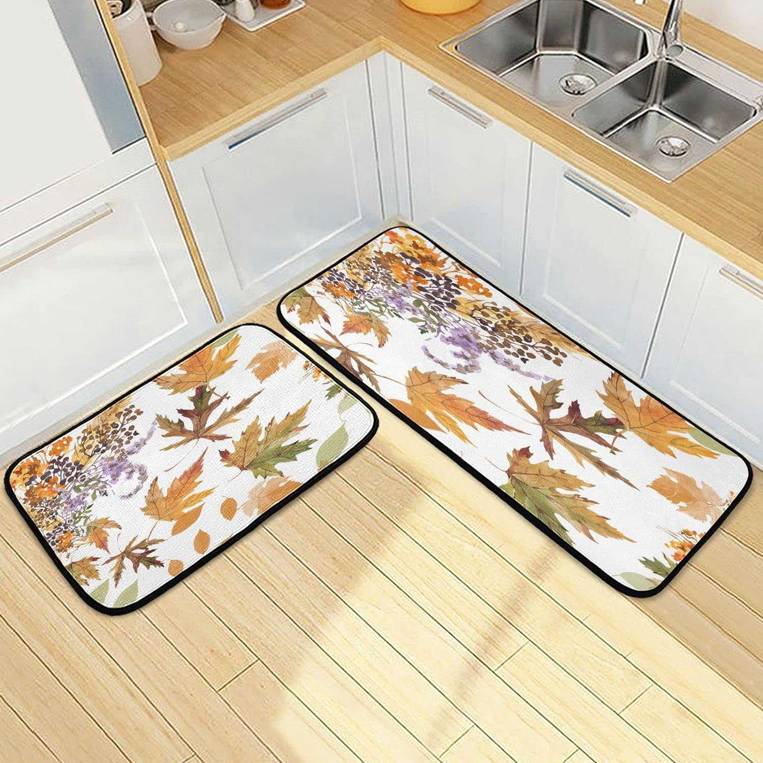 SKYSONIC Autumn Grass Leaves Kitchen Rugs 2 Pieces, Withered Leaf Floor ...