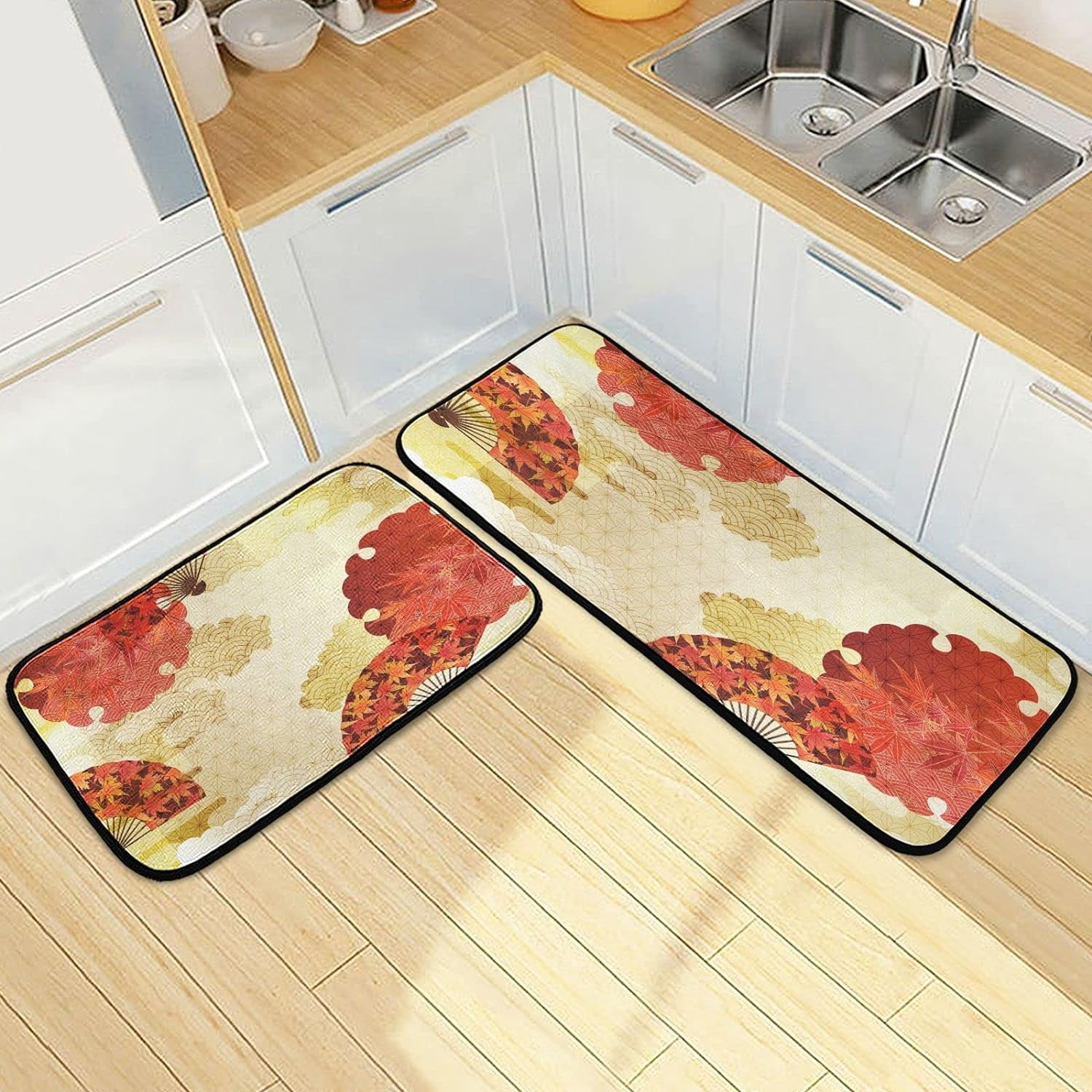 SKYSONIC Autumn Japanese Fan Kitchen Rugs Set of 2, Red Maple Leaves ...
