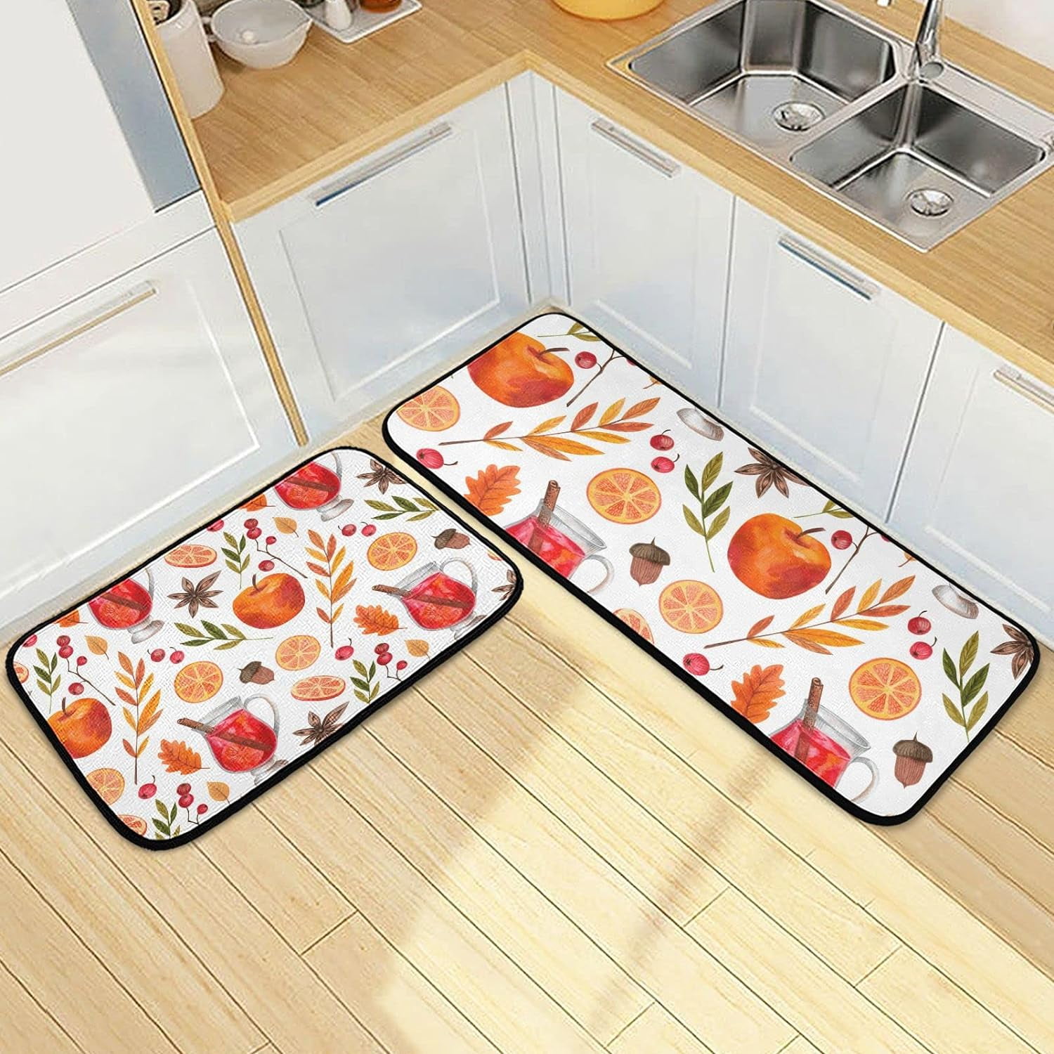 SKYSONIC Autumn Juice Apple Kitchen Rugs Set of 2, Fall Harvest Leaves ...