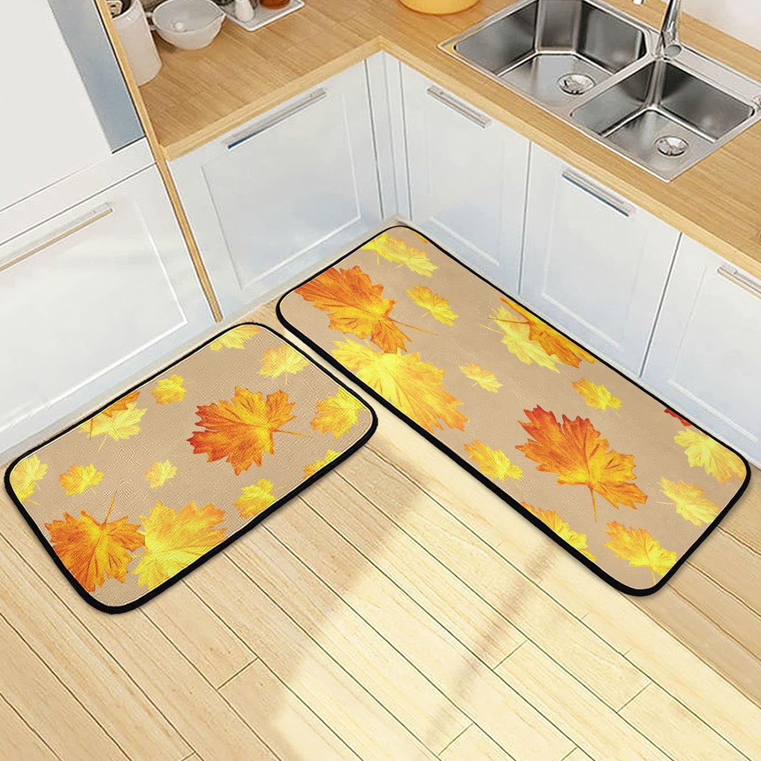 SKYSONIC Autumn Leaves Kitchen Rugs Set of 2, Yellow Maple Leaf Floor ...