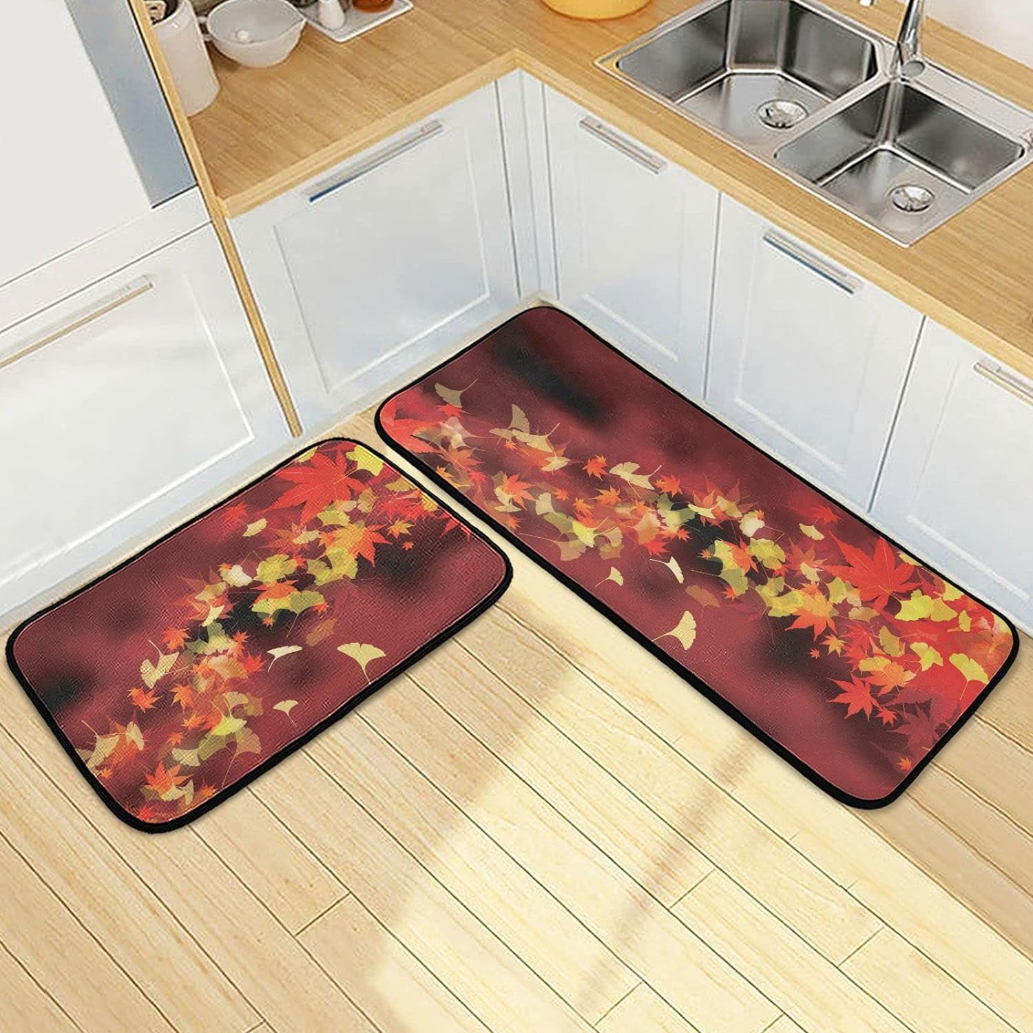 SKYSONIC Autumn Leaves Maple Kitchen Rugs 2 Pieces, Falling Leaf Floor ...