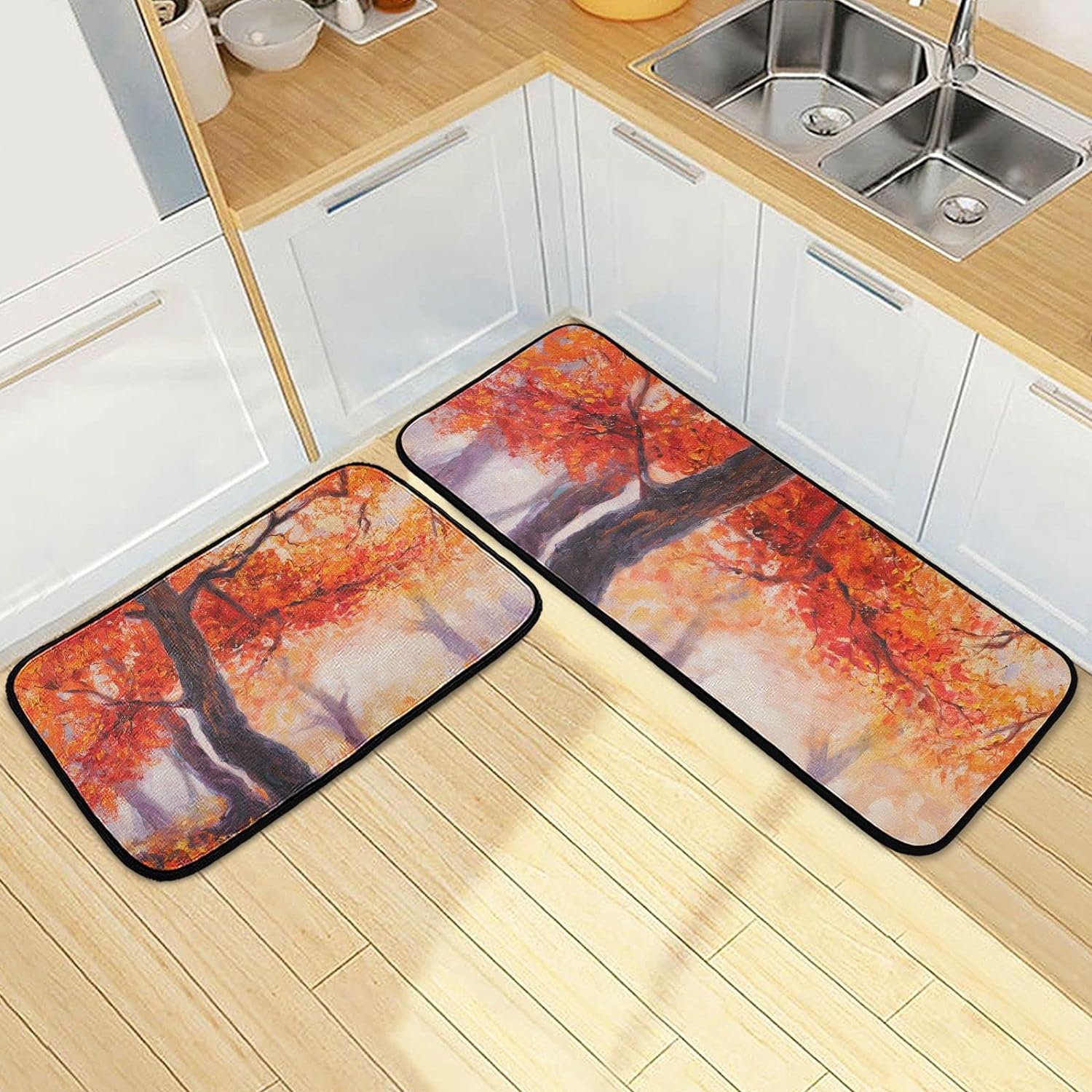 SKYSONIC Autumn Maple Forest Kitchen Rugs Set of 2, Fall Scenery Oil ...