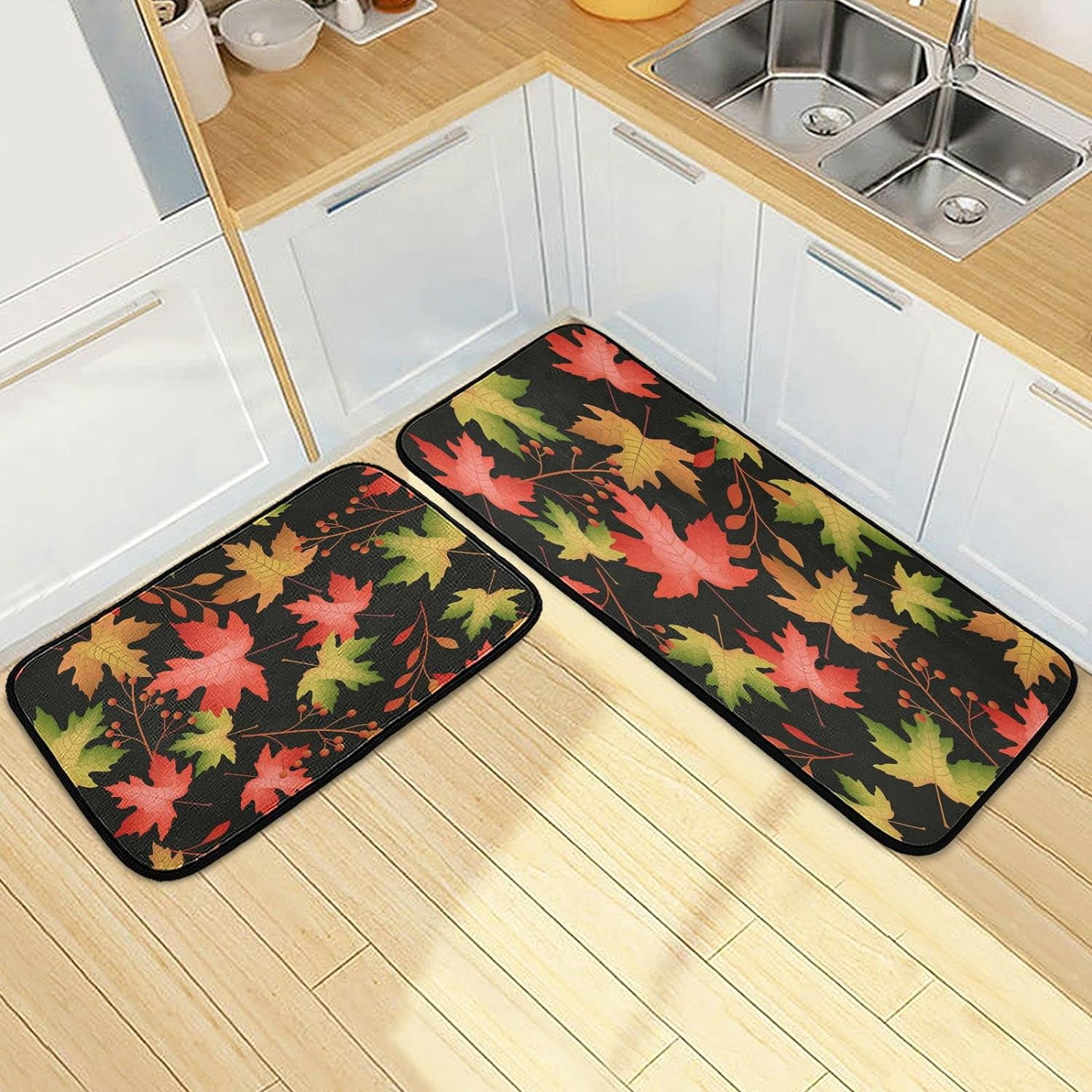 SKYSONIC Autumn Maple Leave Kitchen Rugs 2 Pieces, Colorful Foliage ...