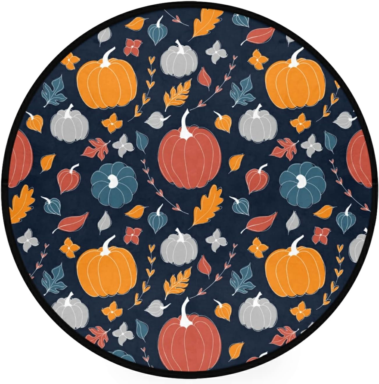 SKYSONIC Autumn Pattern Pumpkins and Leaves Dark BackgroundRound Area ...
