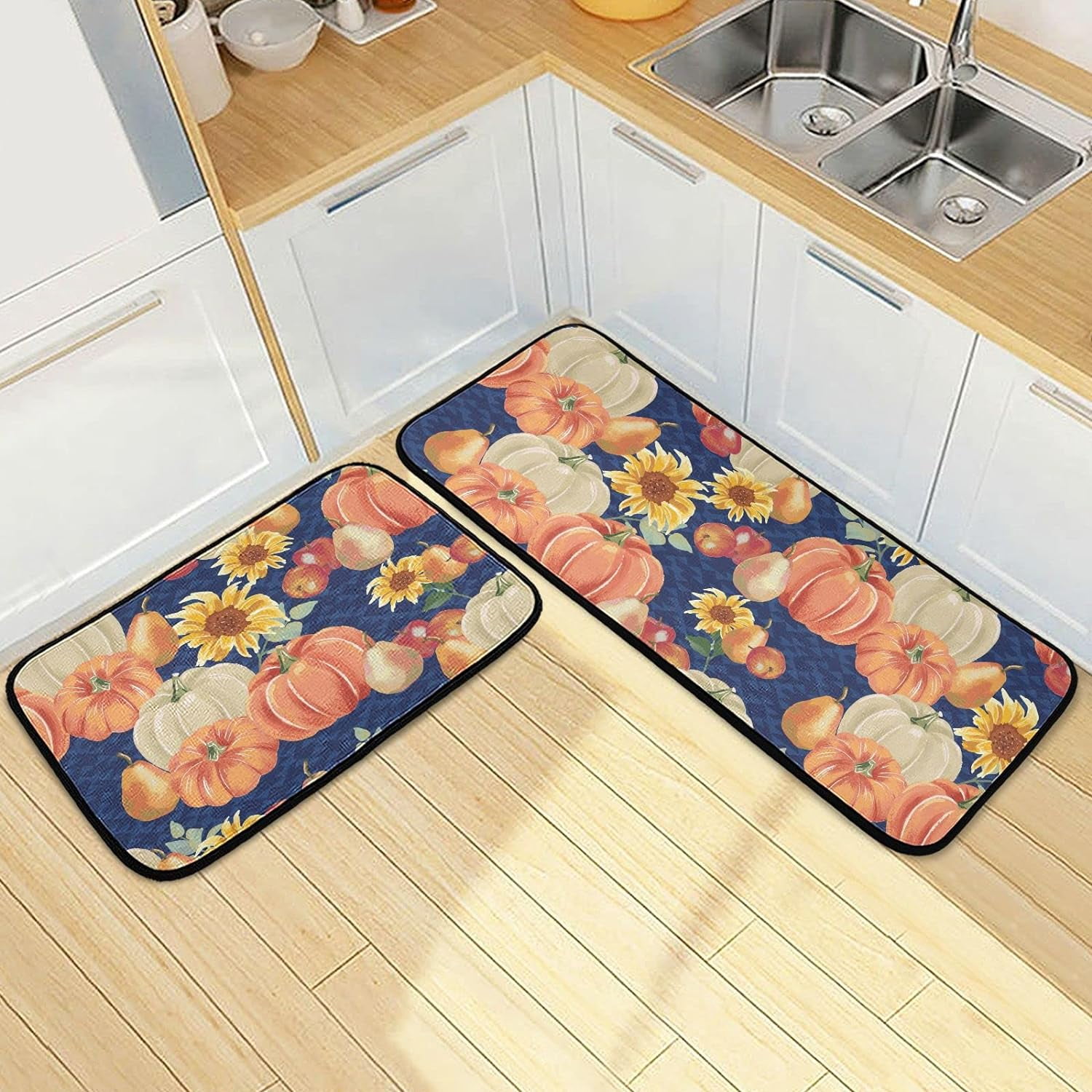 SKYSONIC Autumn Pumpkins Sunflower Kitchen Rugs Set of 2, Thanksgiving ...