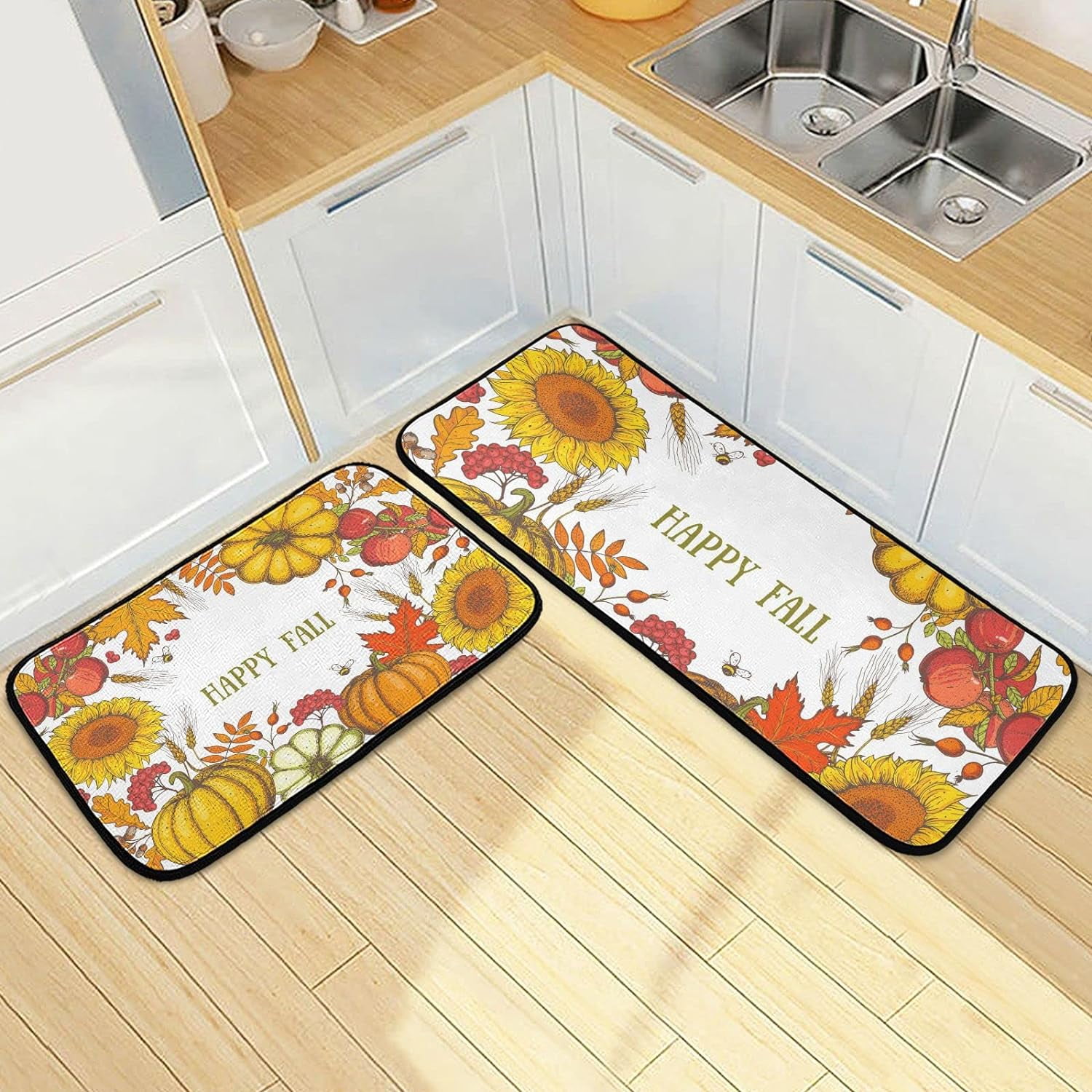 SKYSONIC Autumn Pumpkins Sunflowers Kitchen Rugs Set of 2, Fall Havest ...