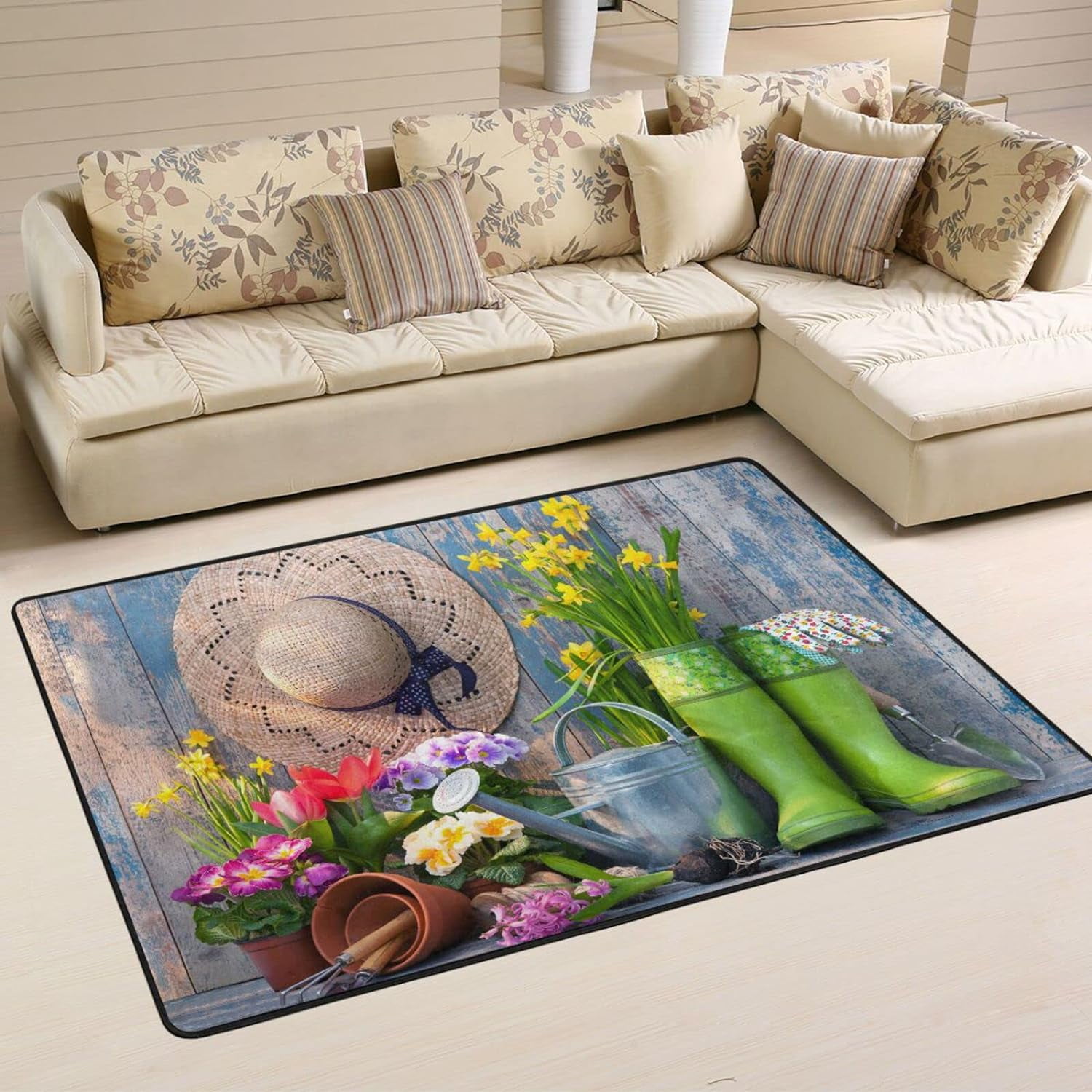 SKYSONIC Autumn Rustic Theme Area Rug,72x48in Green Boot Non-Slip Floor ...