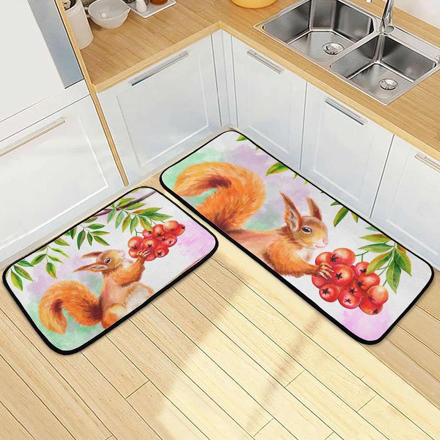 SKYSONIC Autumn Squirrel Berries Kitchen Rugs Set of 2, Cute Fall ...