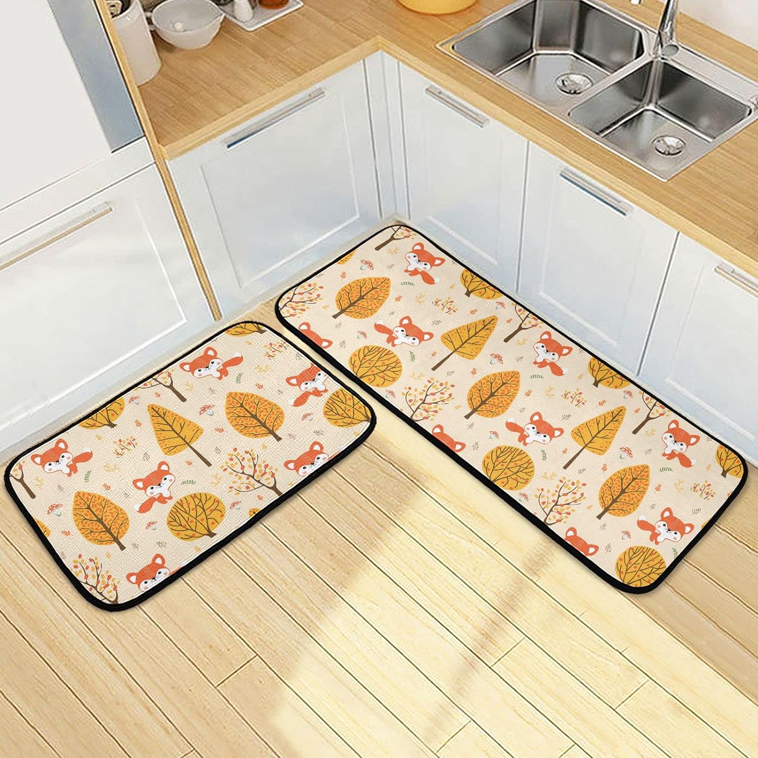 SKYSONIC Autumn Tree Fox Kitchen Rugs Set of 2, Fall Forest Mushroom ...