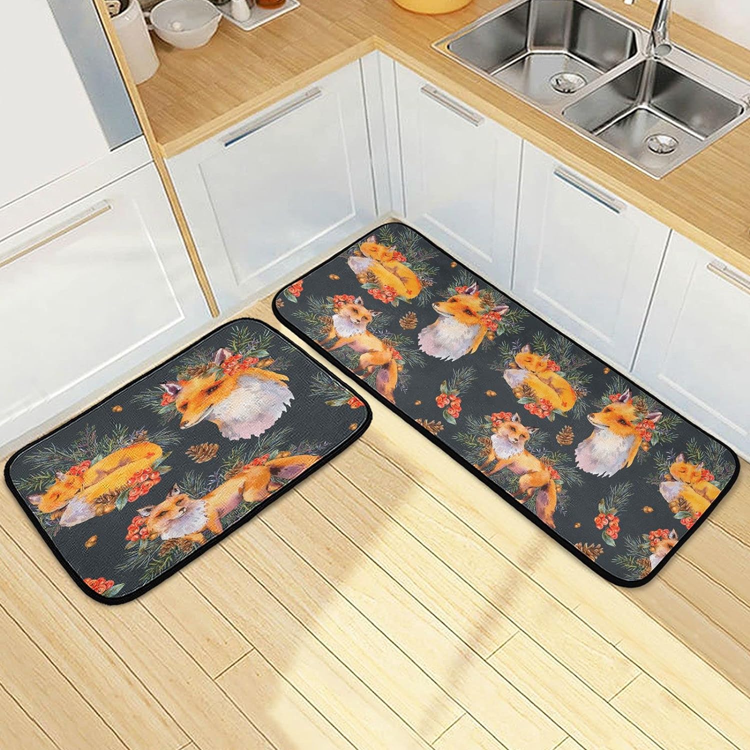 SKYSONIC Autumn Woodland Fox Kitchen Rugs Set of 2, Fall Forest Pine ...