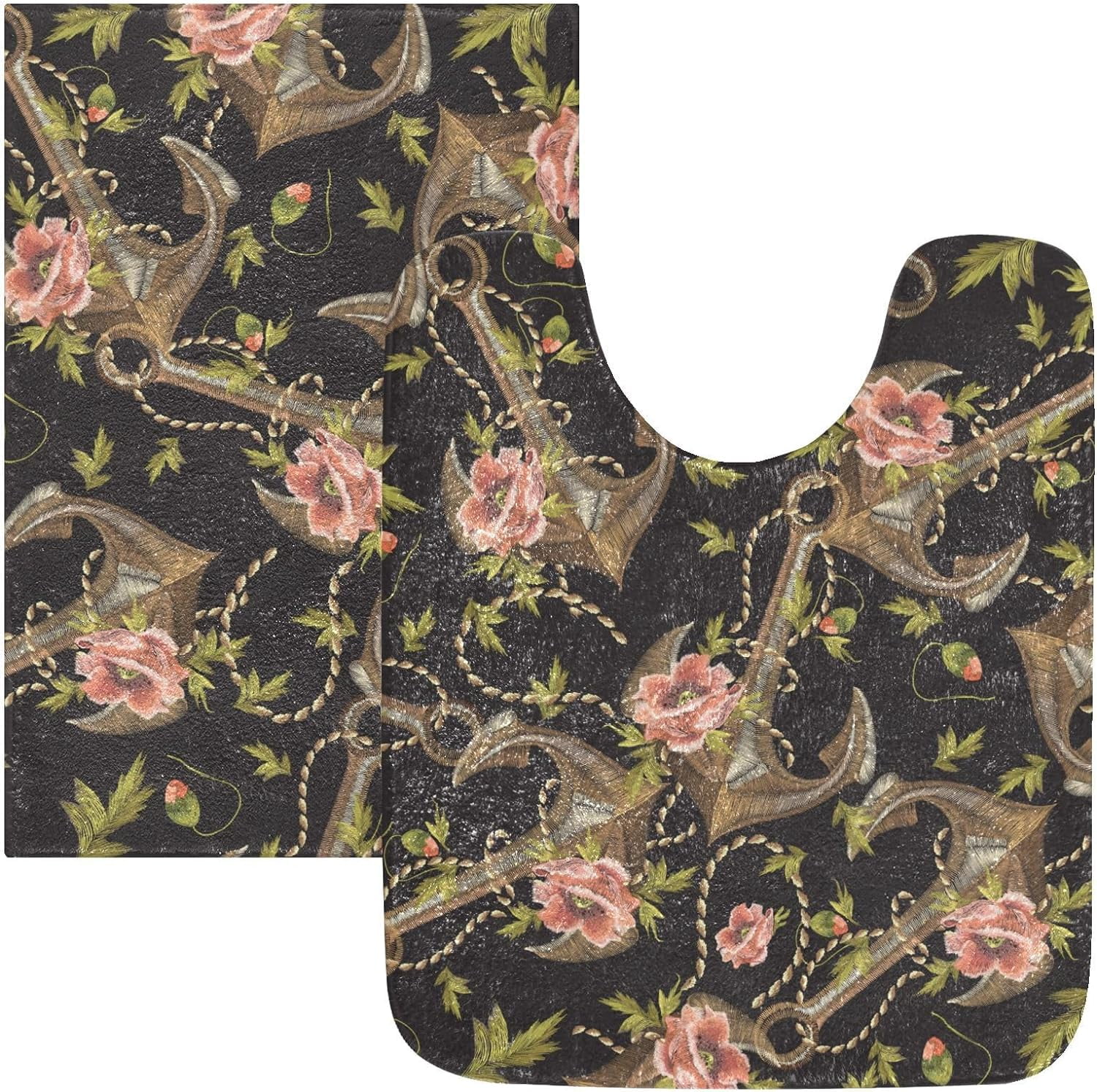 SKYSONIC Bath Mats Toiletry Mat Embroidery Anchor Floral Print, Fluffy ...