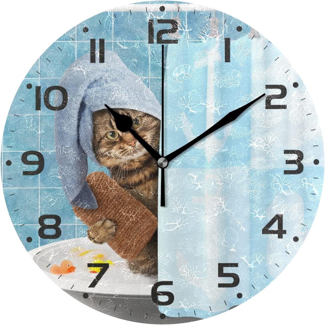 SKYSONIC Bathing Cat Wall Clock 10 Inch Silent Non Ticking Round Clock ...