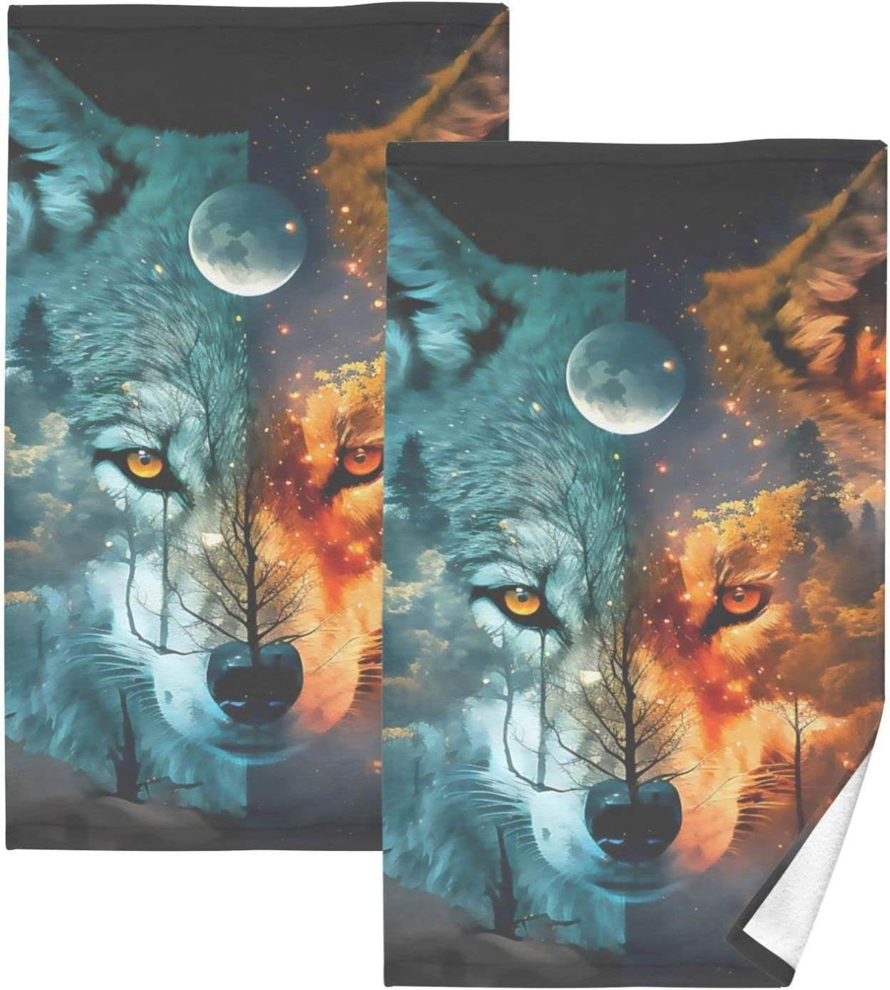 SKYSONIC Bathroom Hand Towels Set of 2 Wolf Forest Night Print, Cotton ...
