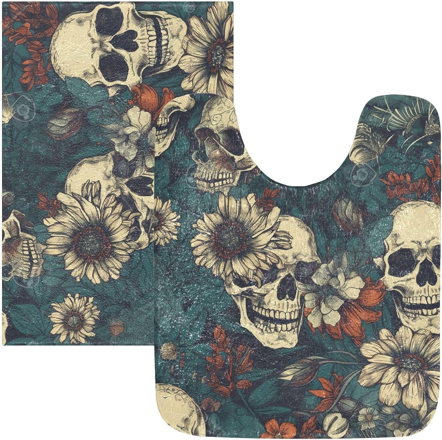 SKYSONIC Bathroom Rug Mats Art Skull Flower Print, Fluffy Plush ...