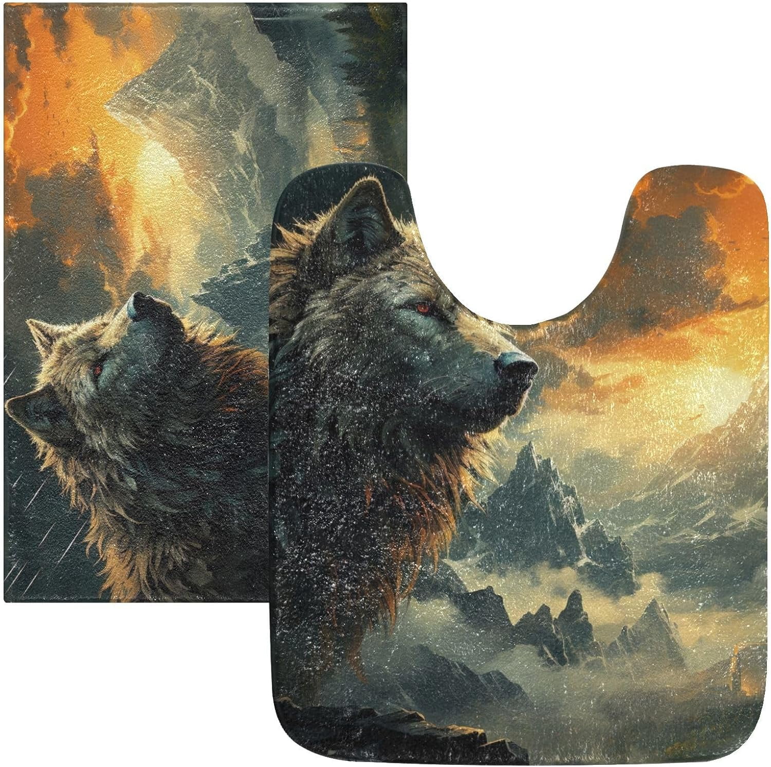 SKYSONIC Bathroom Rug Mats Mountain Wolf Print, Fluffy Plush Absorbent ...
