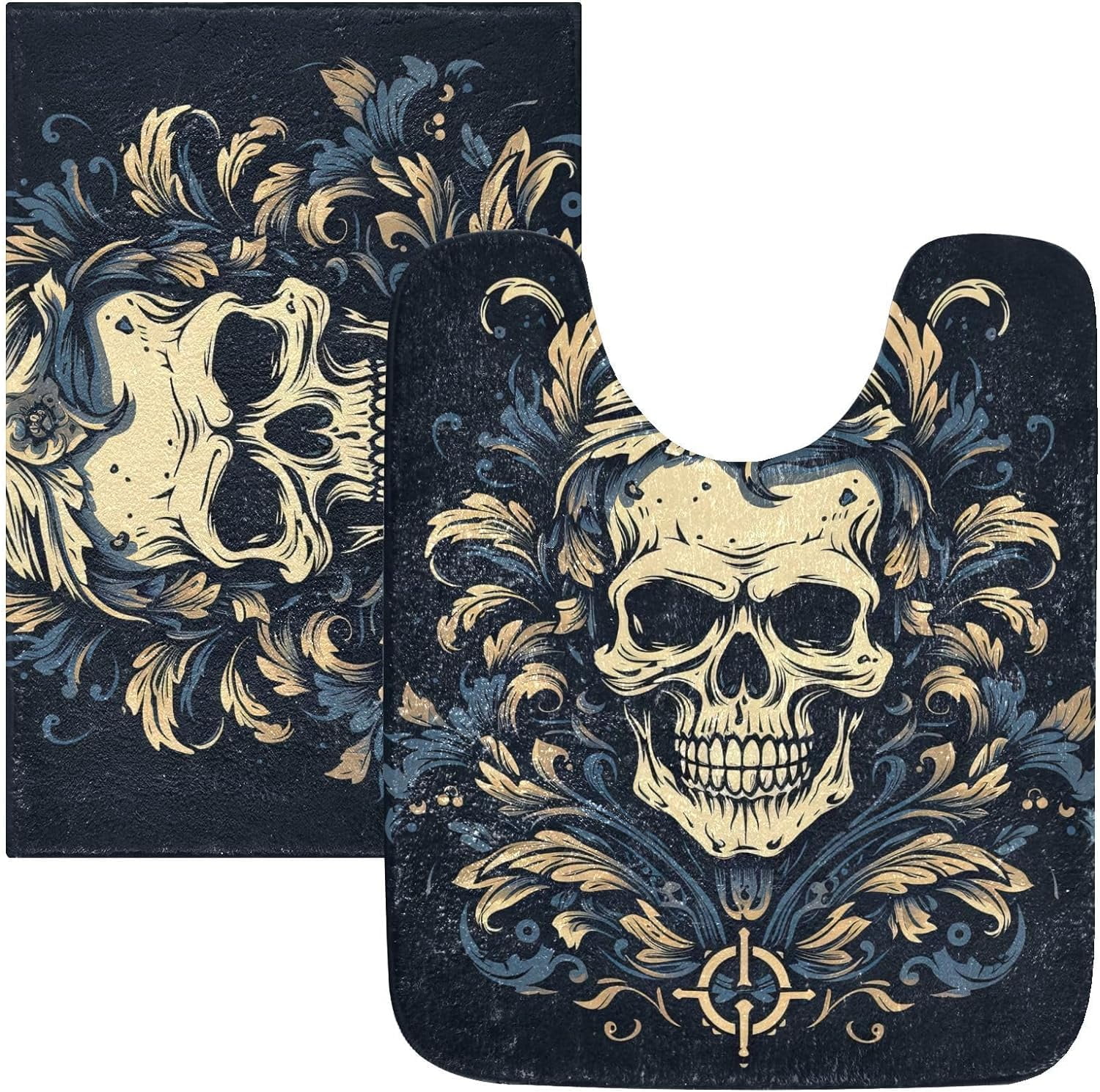 SKYSONIC Bathroom Rug Mats Vintage Skull Leaves Print, Fluffy Plush ...