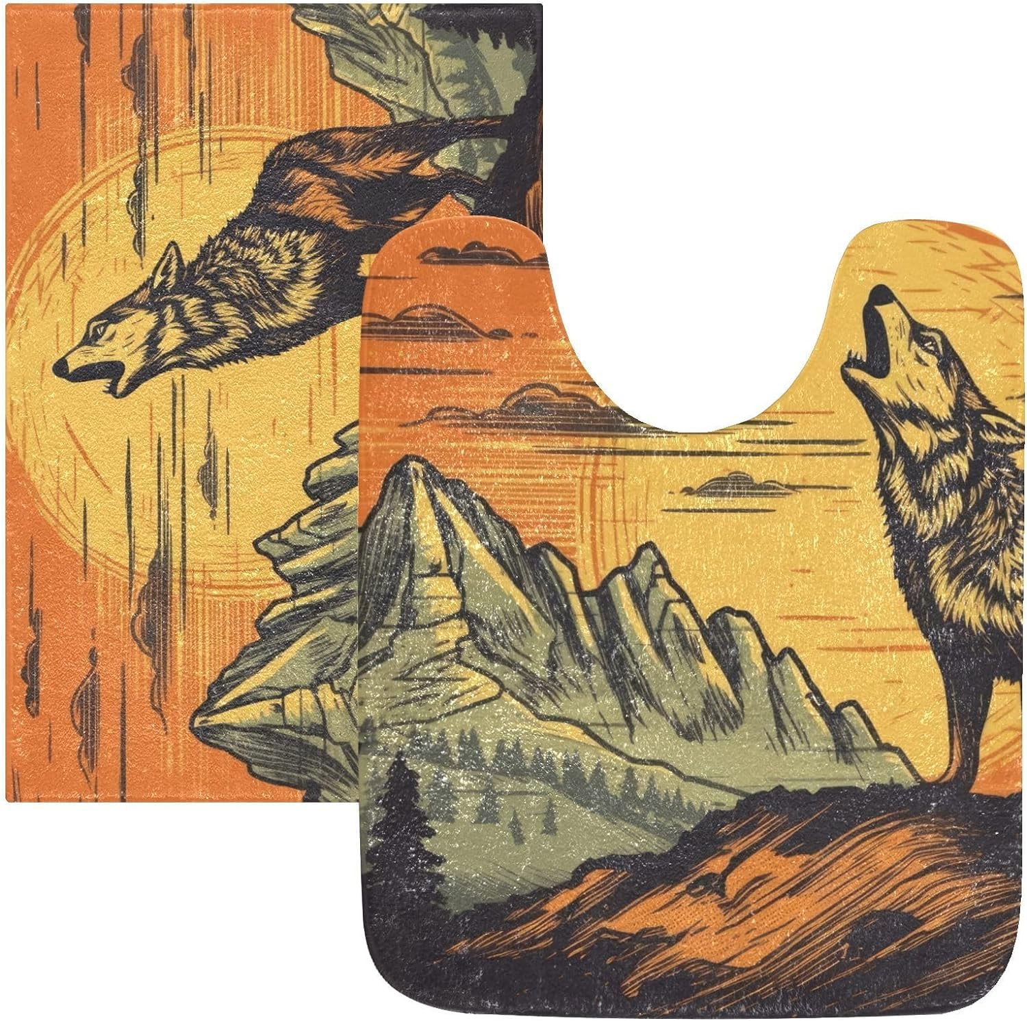 SKYSONIC Bathroom Rug Mats Wolf Standing Mountain Print, Fluffy Plush ...