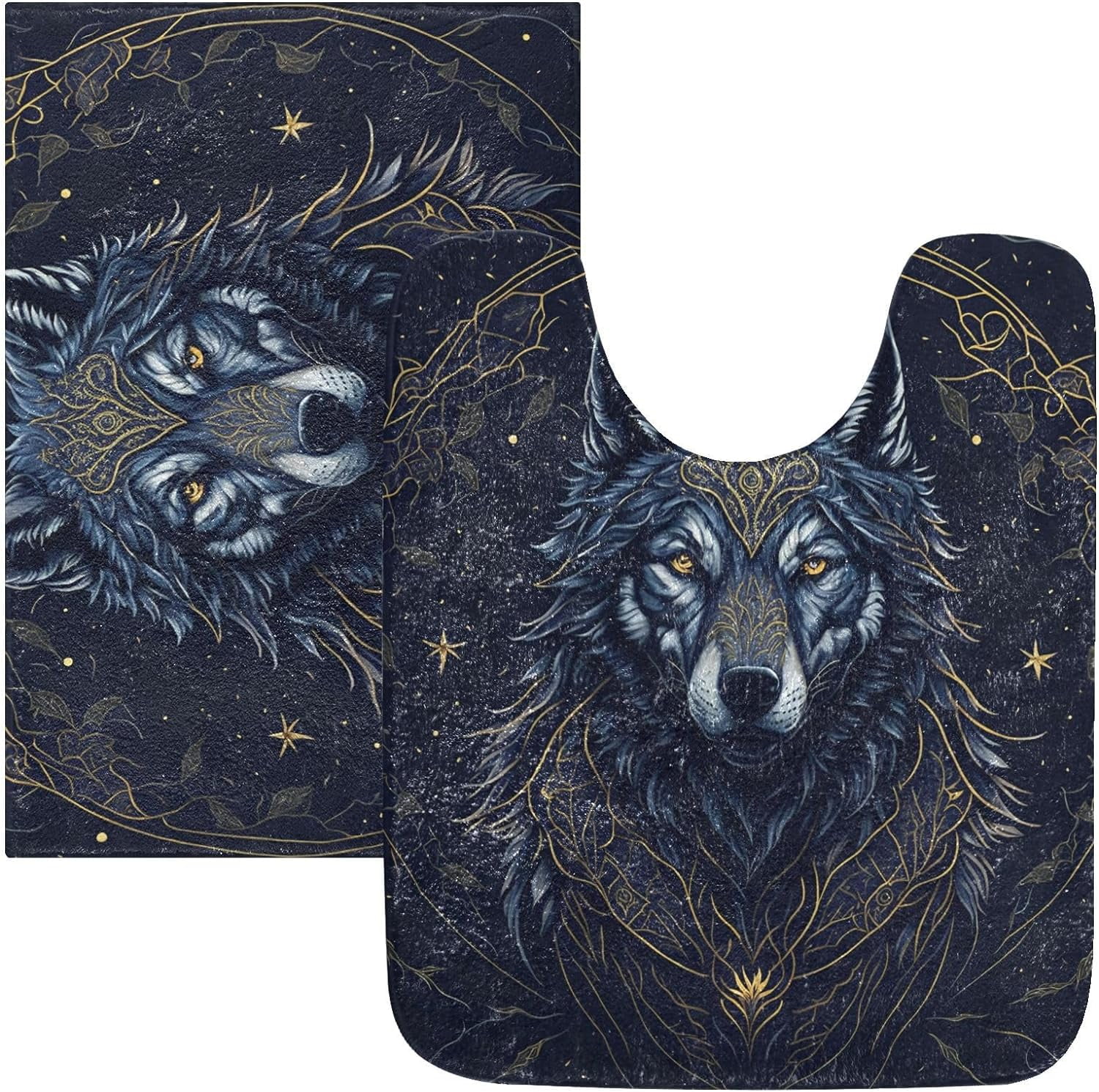SKYSONIC Bathroom Rug Mats Wolf-with-Blue-Gold-Pattern-it Print, Fluffy ...