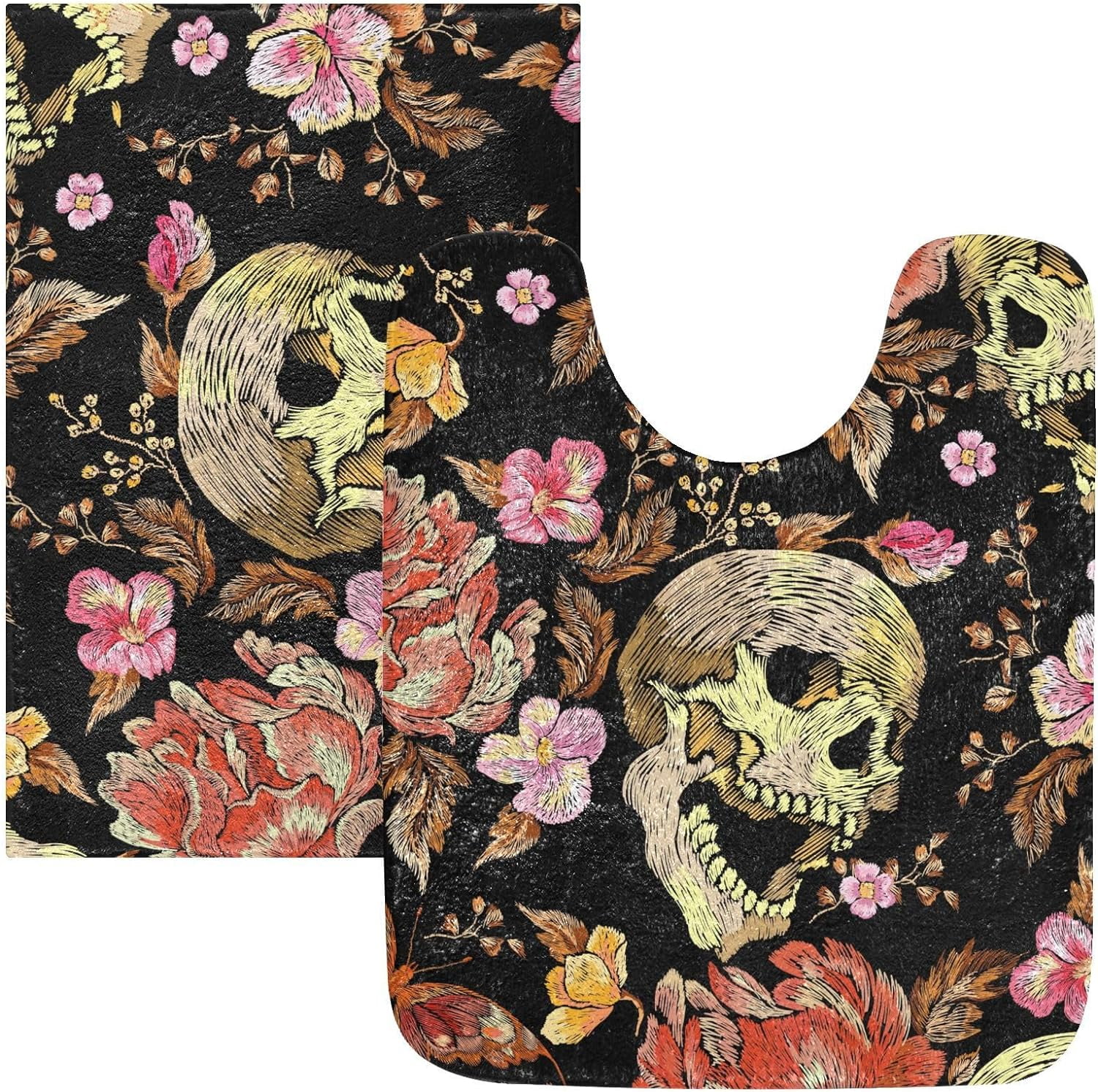 SKYSONIC Bathroom Rug Mats Yellow Skull Floral Print, Fluffy Plush ...