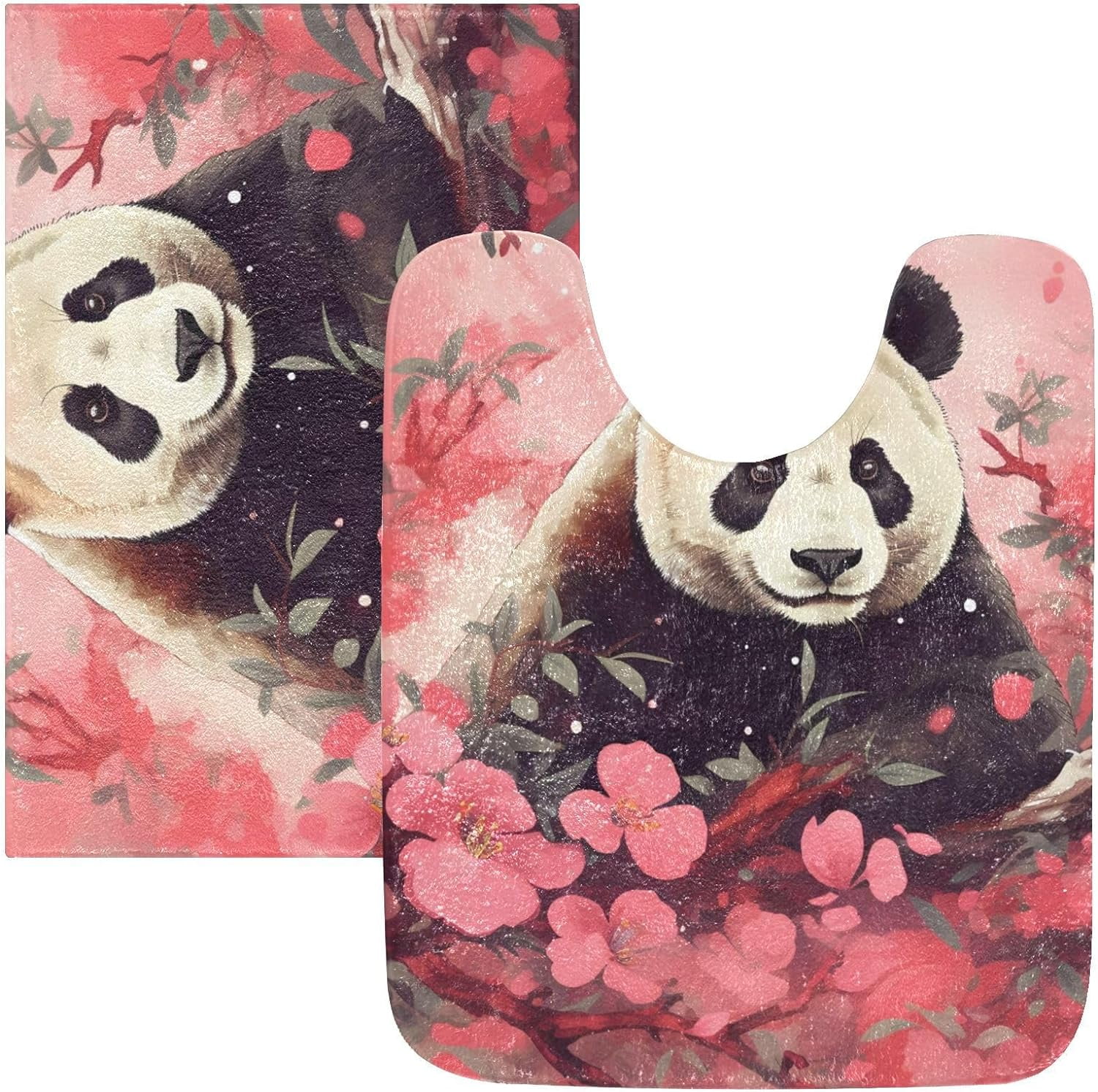 SKYSONIC Bathroom Rug Toiletry Mat Set, 2 pack Panda Red Flower Print ...