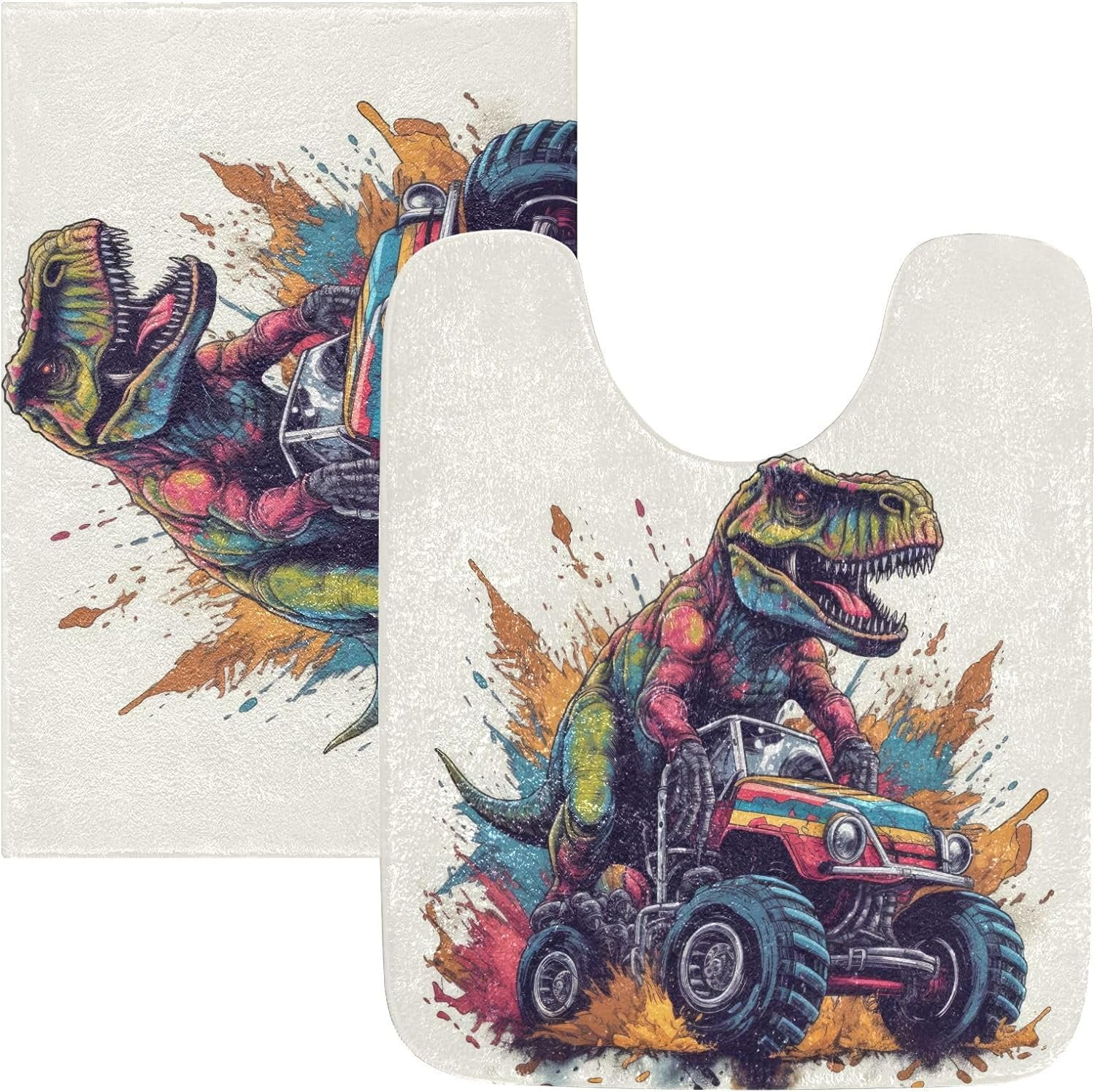 SKYSONIC Bathroom Rug Toiletry Mat Set, 2 pack Rex on Monster Truck ...