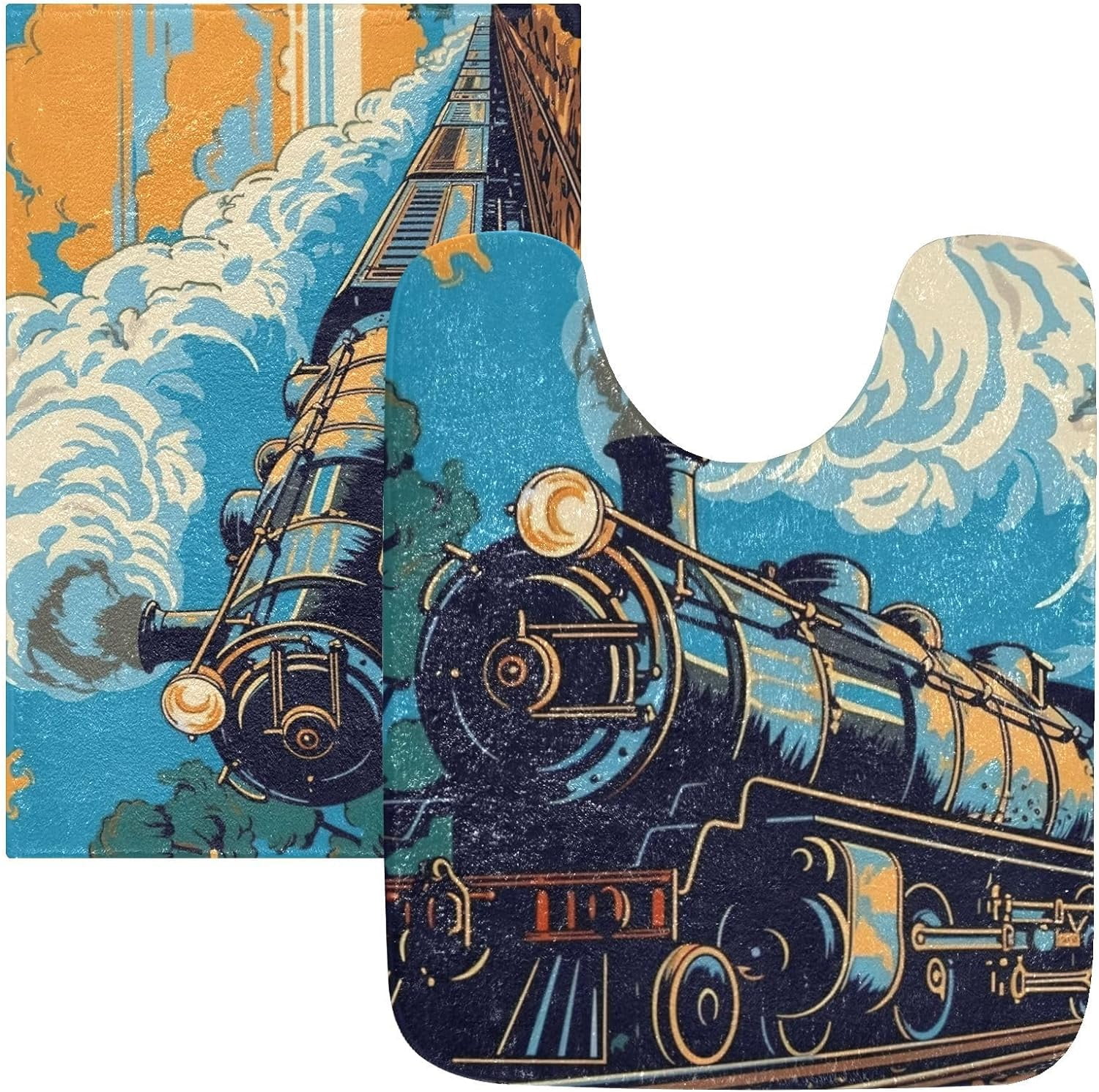 SKYSONIC Bathroom Rug Toiletry Mat Set, 2 pack Running Steam Train ...