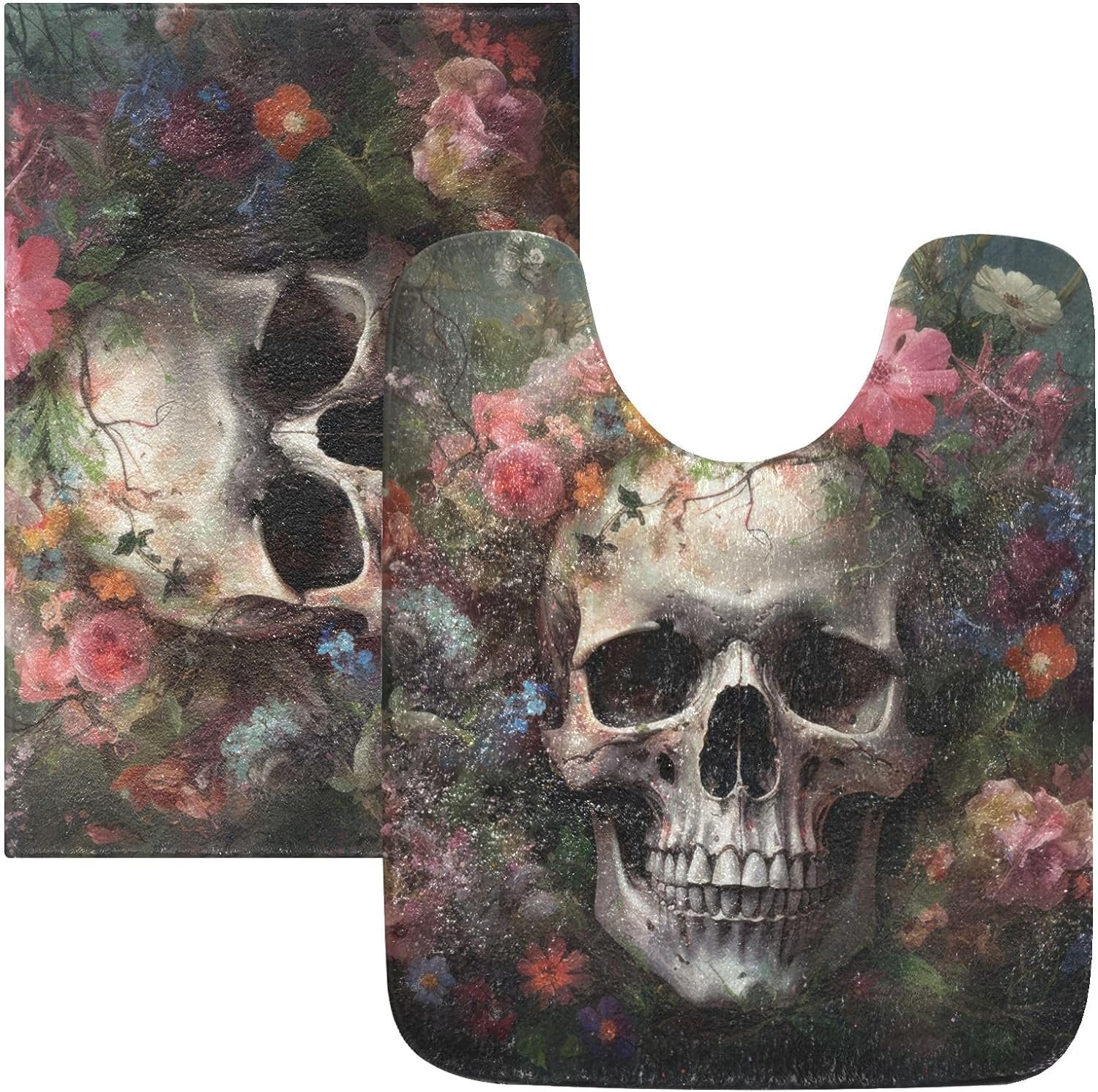 SKYSONIC Bathroom Rug Toiletry Mat Set, 2 pack Skull Flowers Art Print ...