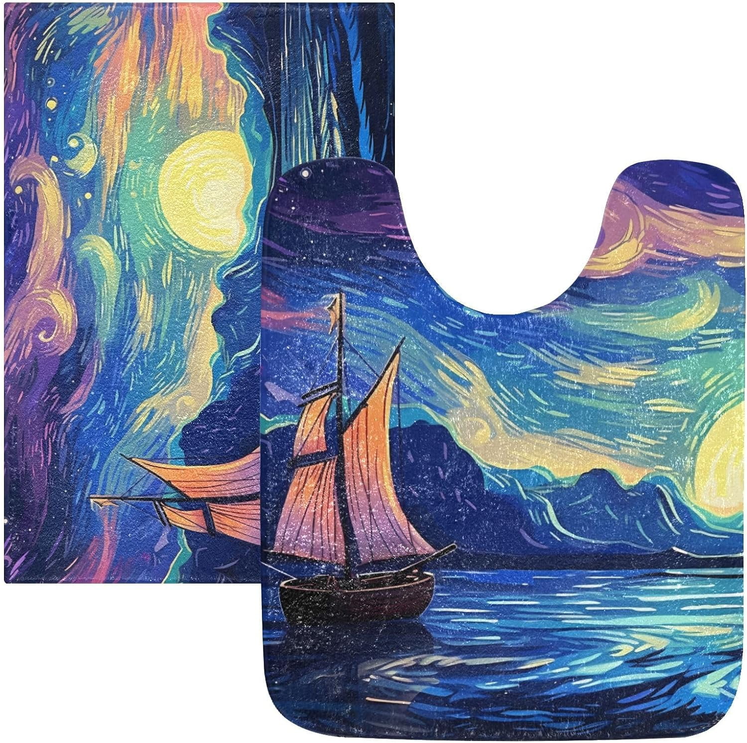 SKYSONIC Bathroom Rug Toiletry Mat Set, 2 pack Van Gogh Ship Sailing Print, Fluffy Plush ...