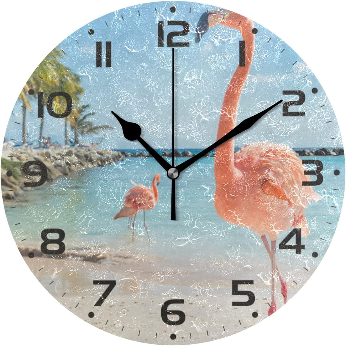 SKYSONIC Beach Flamingo Wall Clock 10 Inch Silent Non Ticking Round ...