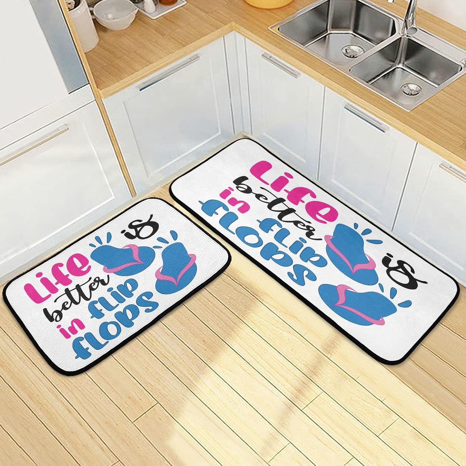 SKYSONIC Beach Flip Flops Kitchen Rugs Set of 2, Summer Quote Floor ...