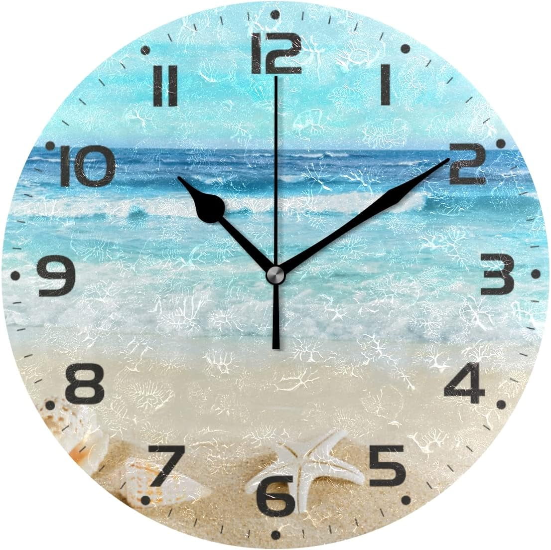 SKYSONIC Beach Seashell Starfish Wall Clock 10 Inch Silent Non Ticking ...