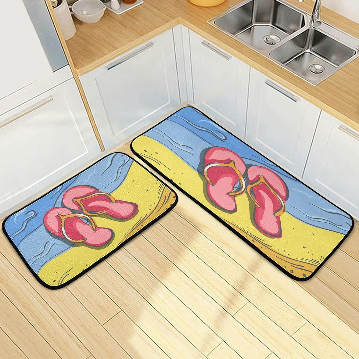 SKYSONIC Beach Slippers Kitchen Rugs Set of 2, Summer Seaside Floor ...