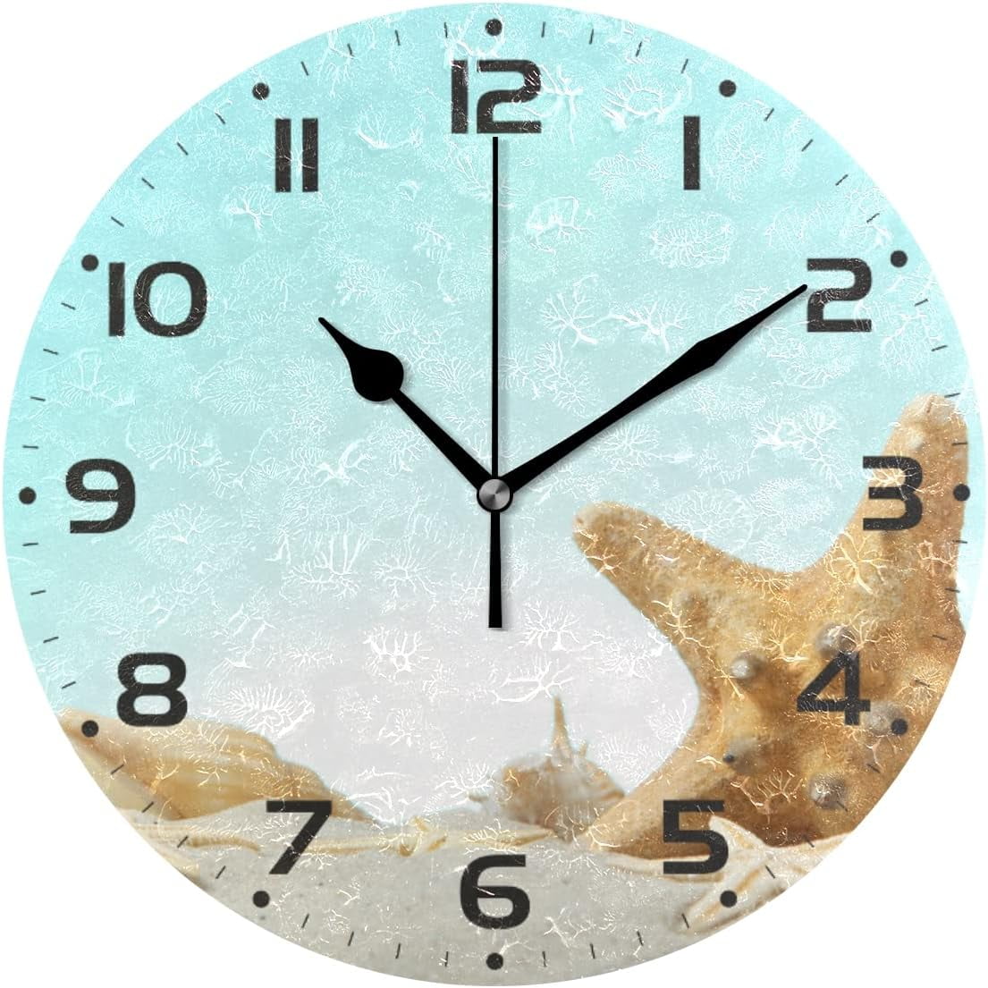 SKYSONIC Beach Starfish Wall Clock 10 Inch Silent Non Ticking Round ...