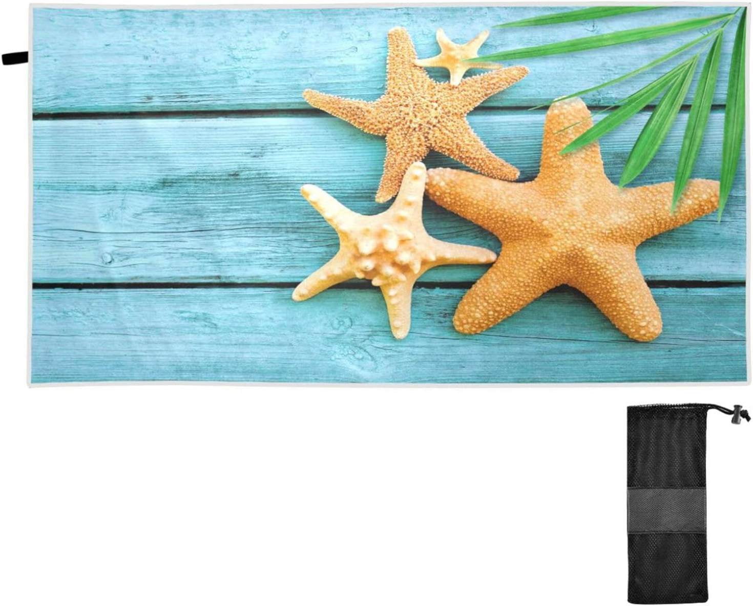SKYSONIC Beach Towels 30"x60", Starfish Blue Wood Texture Camping Towels Tropical Palm Leaves ...