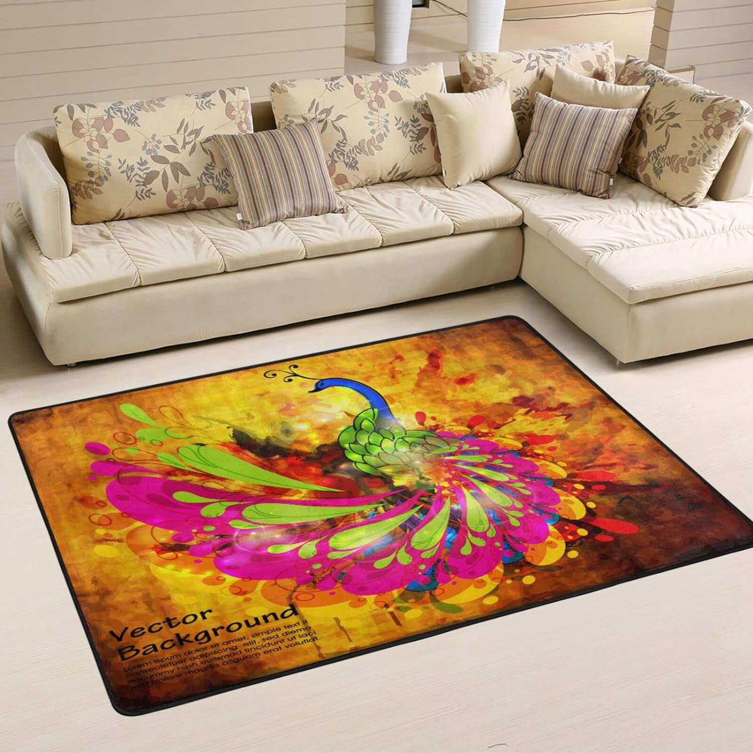 SKYSONIC Beautiful Peacock Retro Non-Slip Area Rug, Vintage Colorful ...