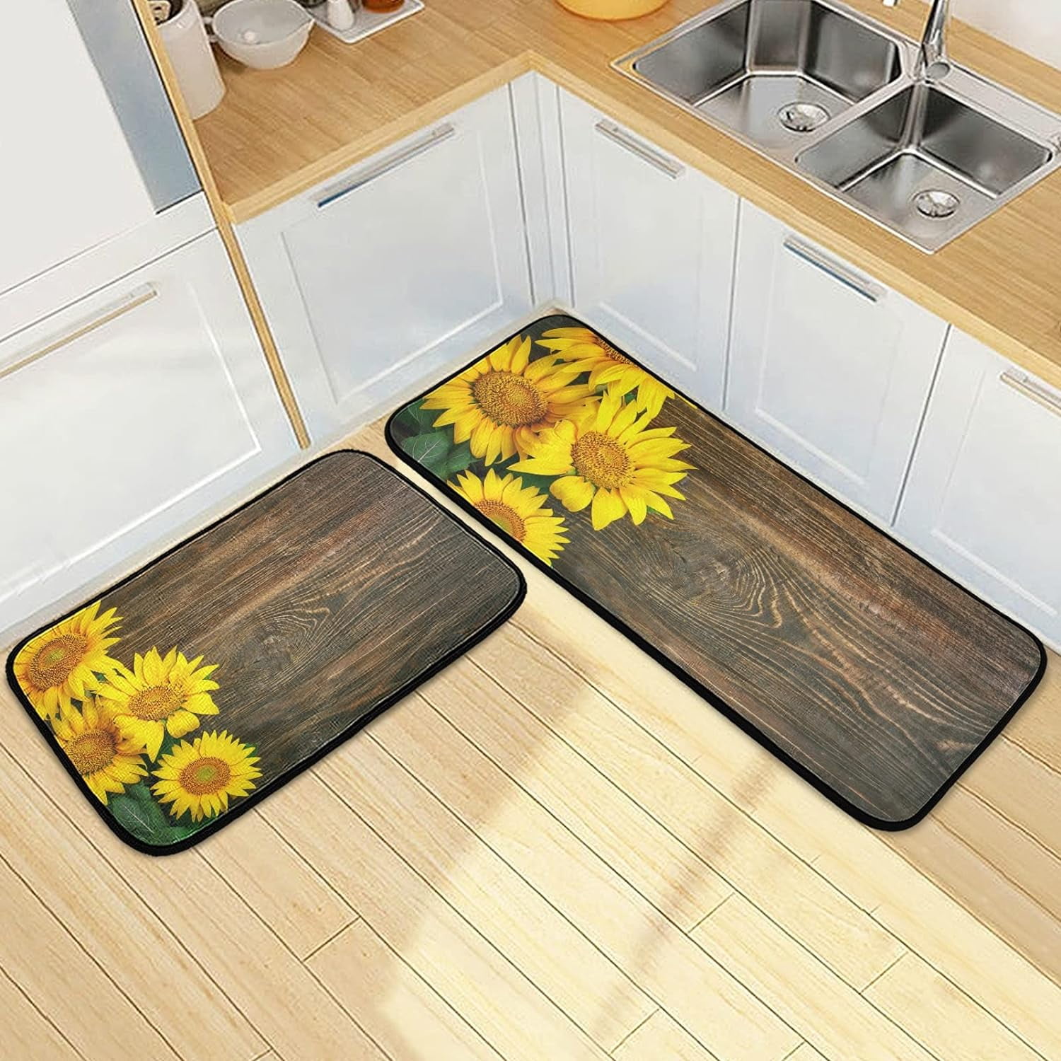 SKYSONIC Beautiful Sunflowers Kitchen Rugs Set of 2, Old Wooden Table ...