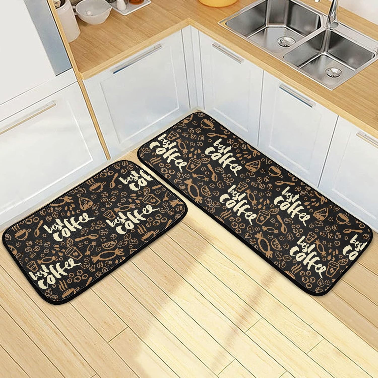 SKYSONIC Best Coffee Kitchen Rugs Set of 2, Cartoon Black Floor Runner ...