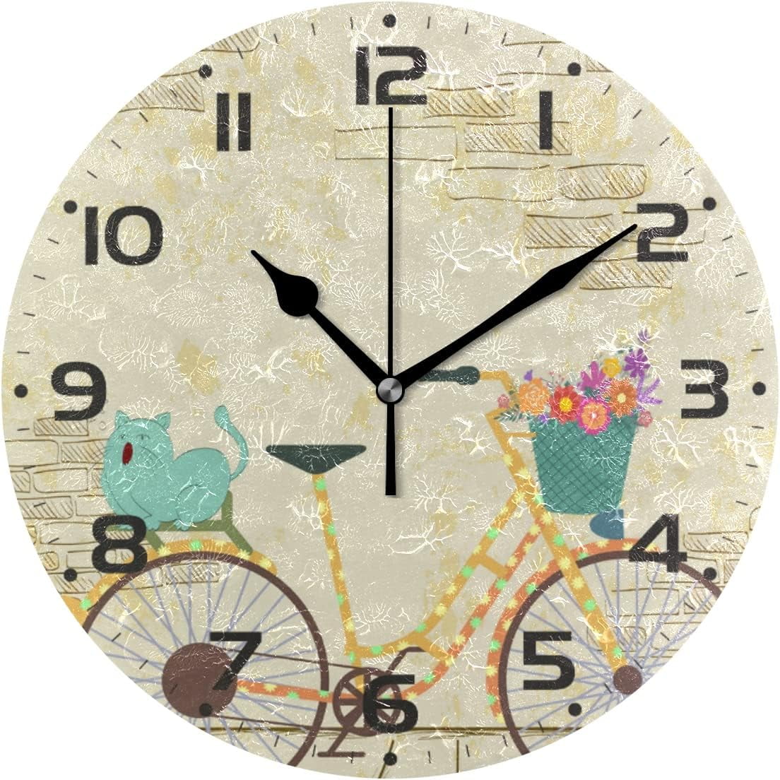 SKYSONIC Bicycle Cat Flower Wall Clock 10 Inch Silent Non Ticking Round ...
