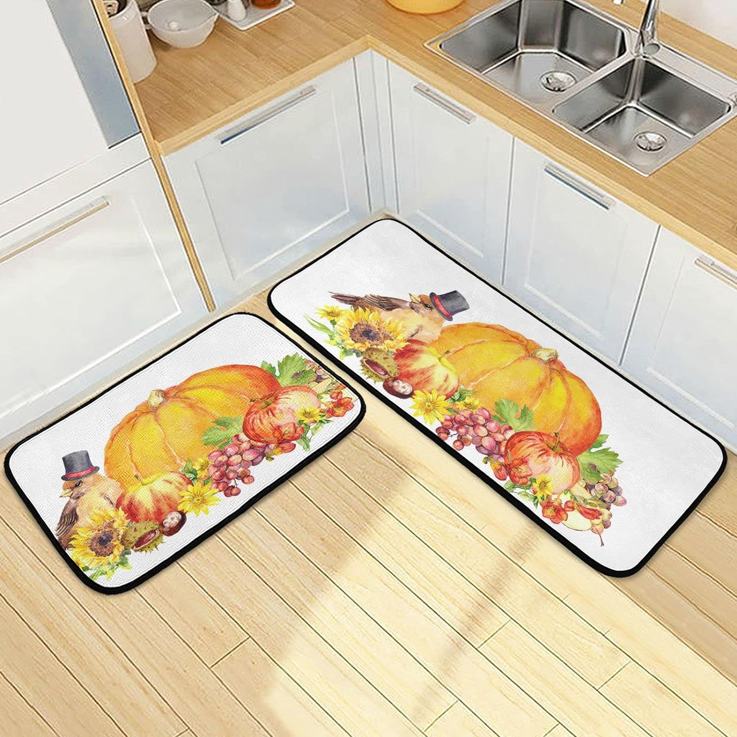 SKYSONIC Bird Pumpkin Flowers Fruits Kitchen Rugs Set of 2, Autumn ...