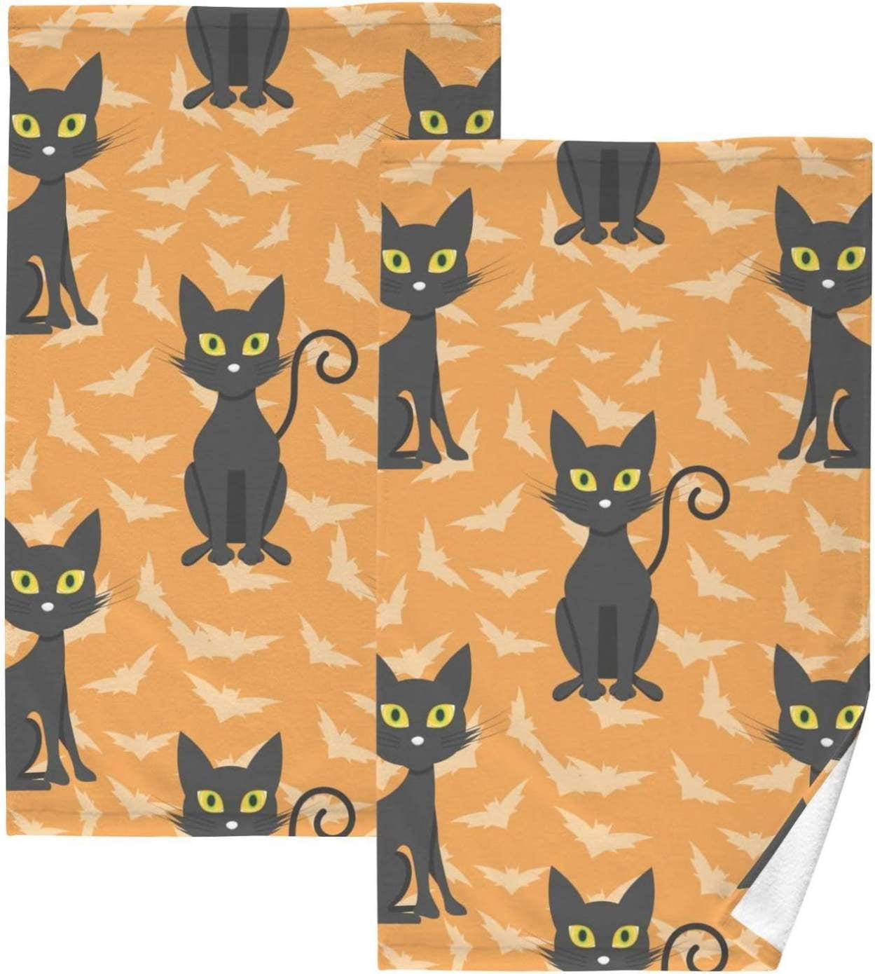 SKYSONIC Black Cat Bat Patterned Hand Towels 2 PCS, Cotton Bath Towel ...