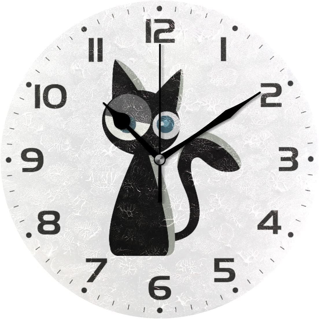 SKYSONIC Black Cat Cartoon Wall Clock 10 Inch Silent Non Ticking Round Clock Oil Painting Clock ...