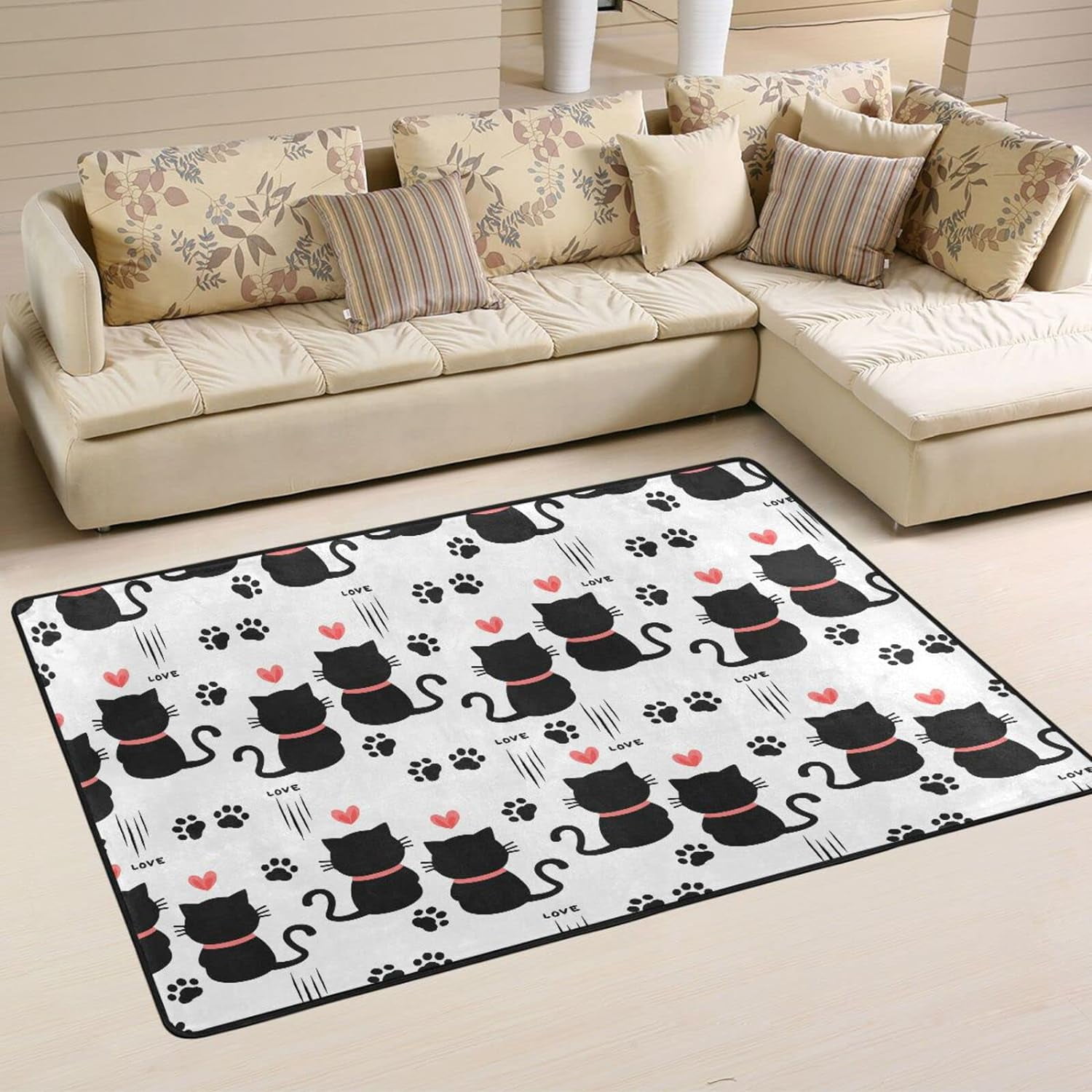 SKYSONIC Black Cat Kitten Paw Non-Slip Area Rug, Valentine Animal ...