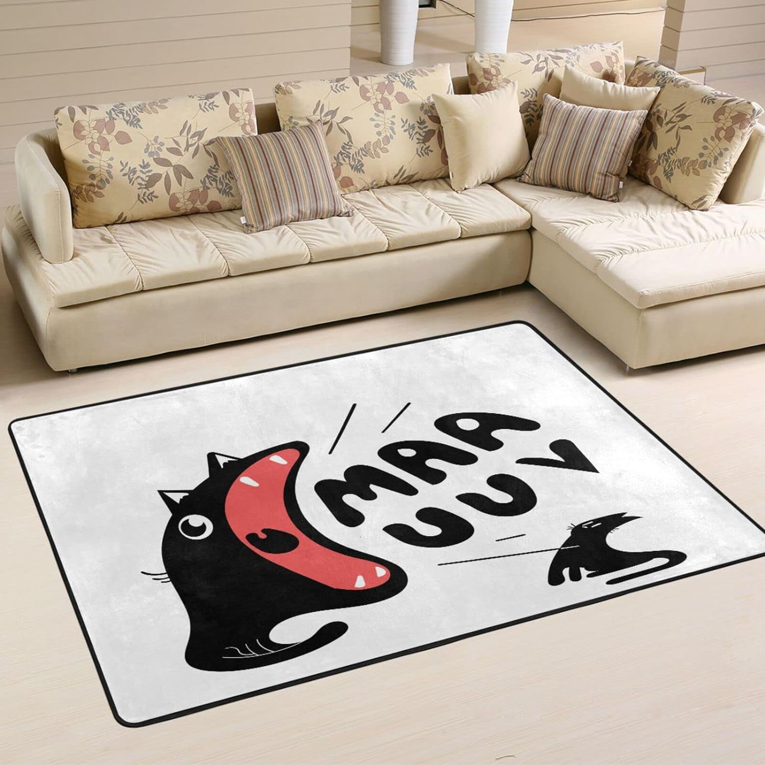 SKYSONIC Black Cat Shouting Meow Area Rug 72x48in Funny Kitten Non-Slip ...