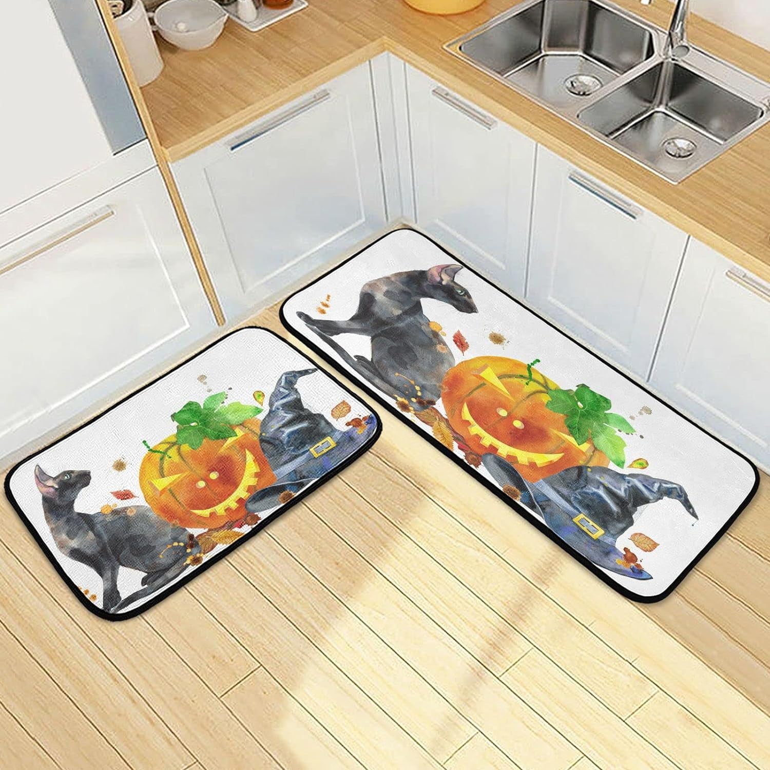 SKYSONIC Black Cat Witch's Hat Kitchen Rugs Set of 2, Halloween Pumpkin ...