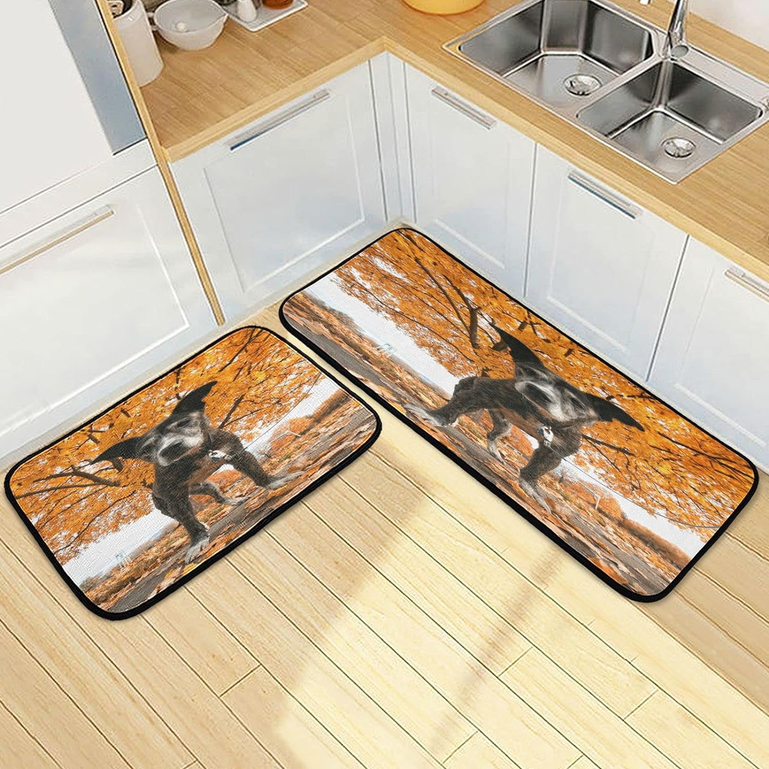 SKYSONIC Black Dog Fall Leaves Kitchen Rugs Set of 2, Autumn Leaf Tree ...