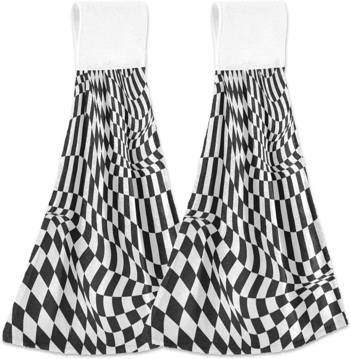 SKYSONIC Black White Checkered Hanging Hand Towels with Hanging Loop ...