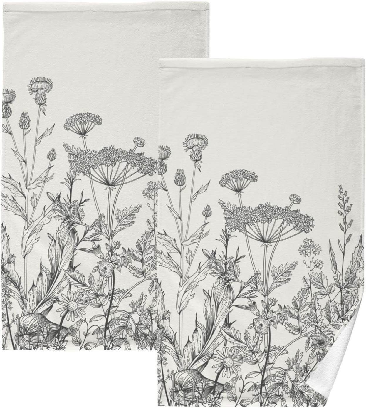 SKYSONIC Black White Flowers Hand Towels Set of 2 Soft Absorbent Towel ...