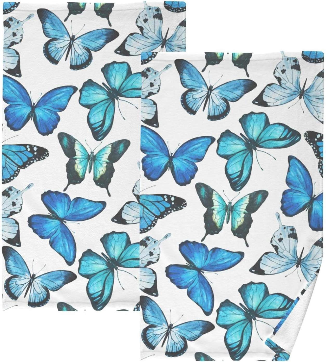 SKYSONIC Blue Beautiful Butterfly Patterned Hand Towels 2 PCS, Cotton ...